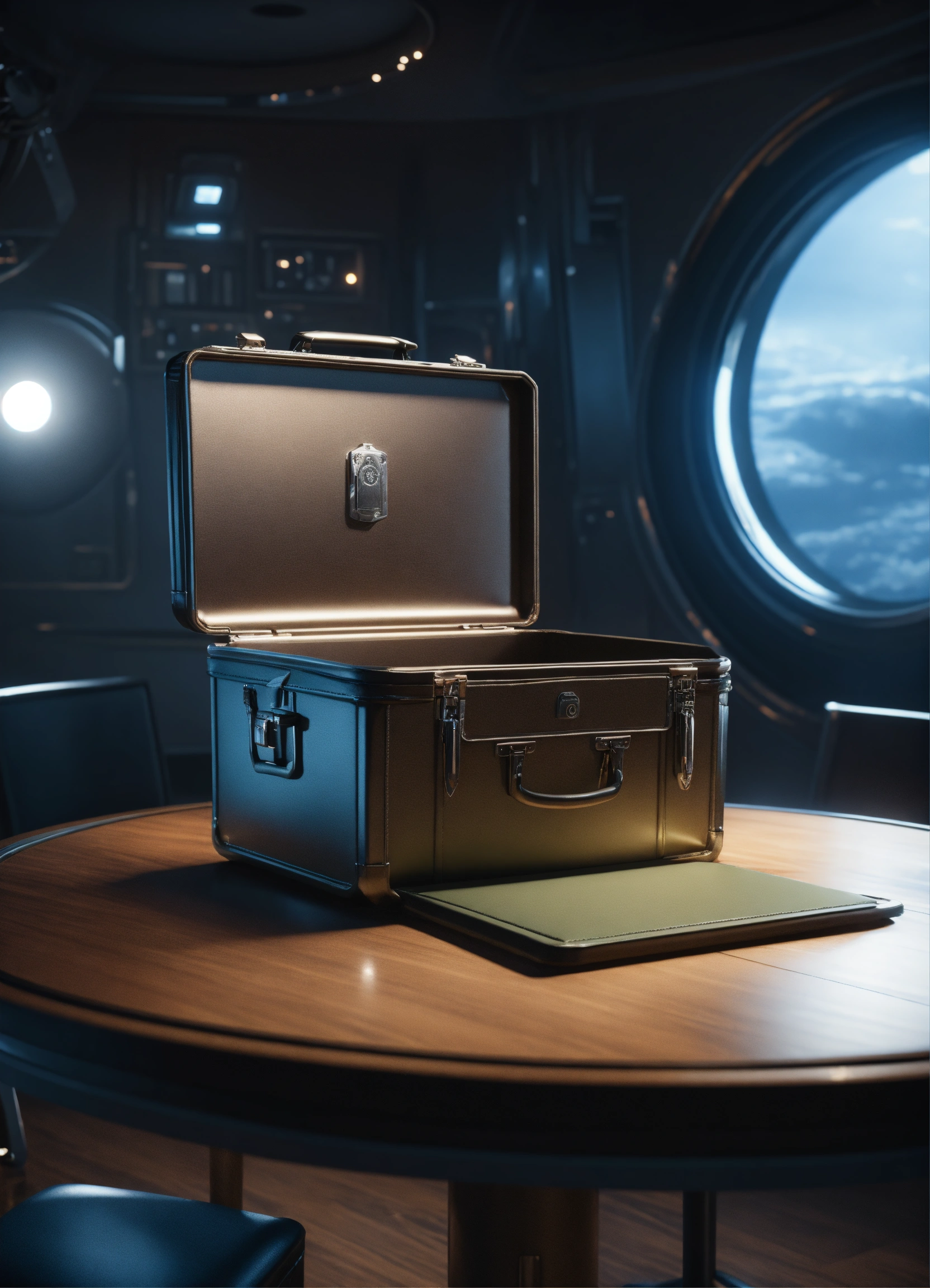 Lexica - VIew of a empty titanium security briefcase open on a round ...