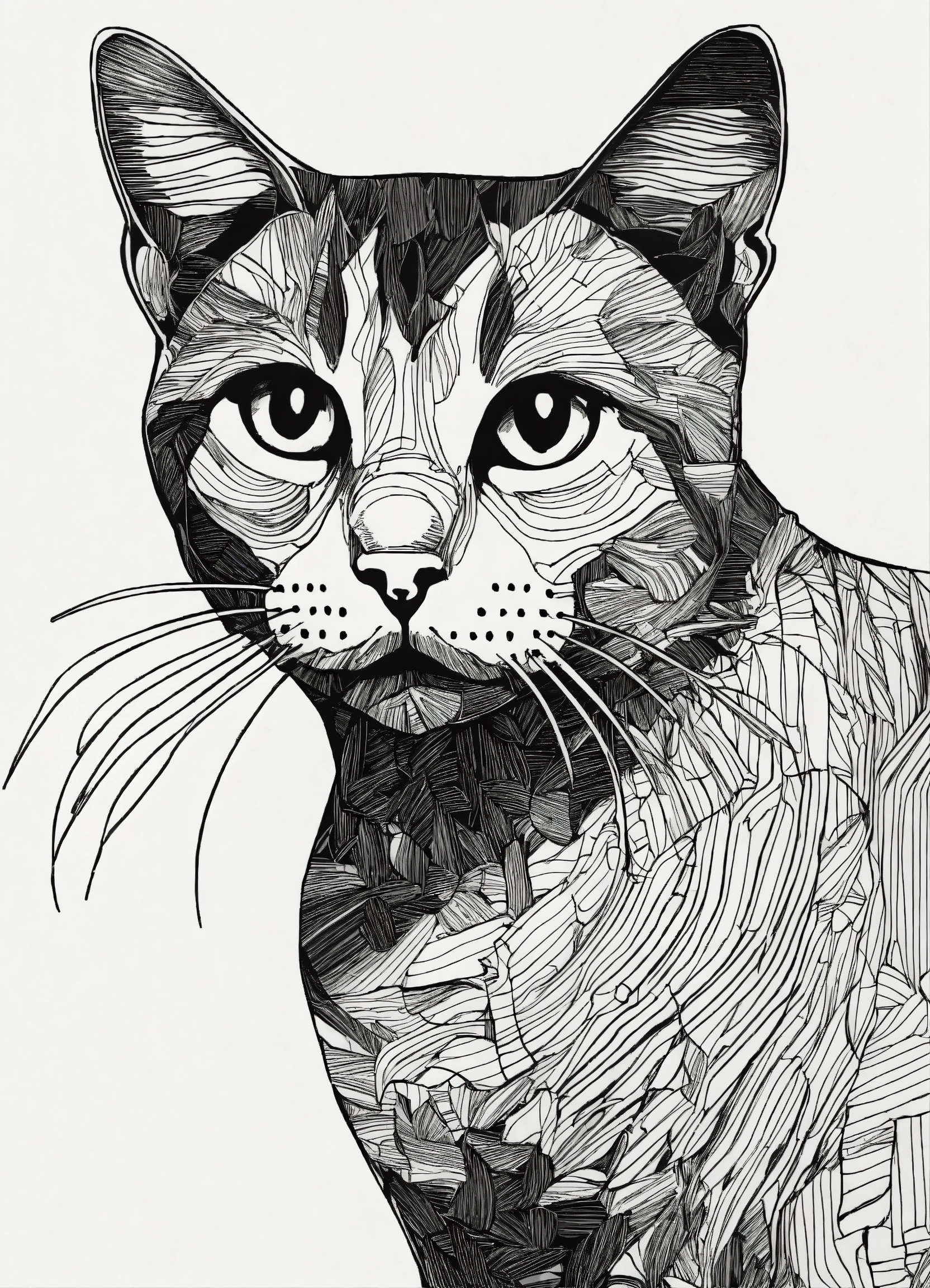 Lexica - Black and white bold line drawing, short haired cat, white ...