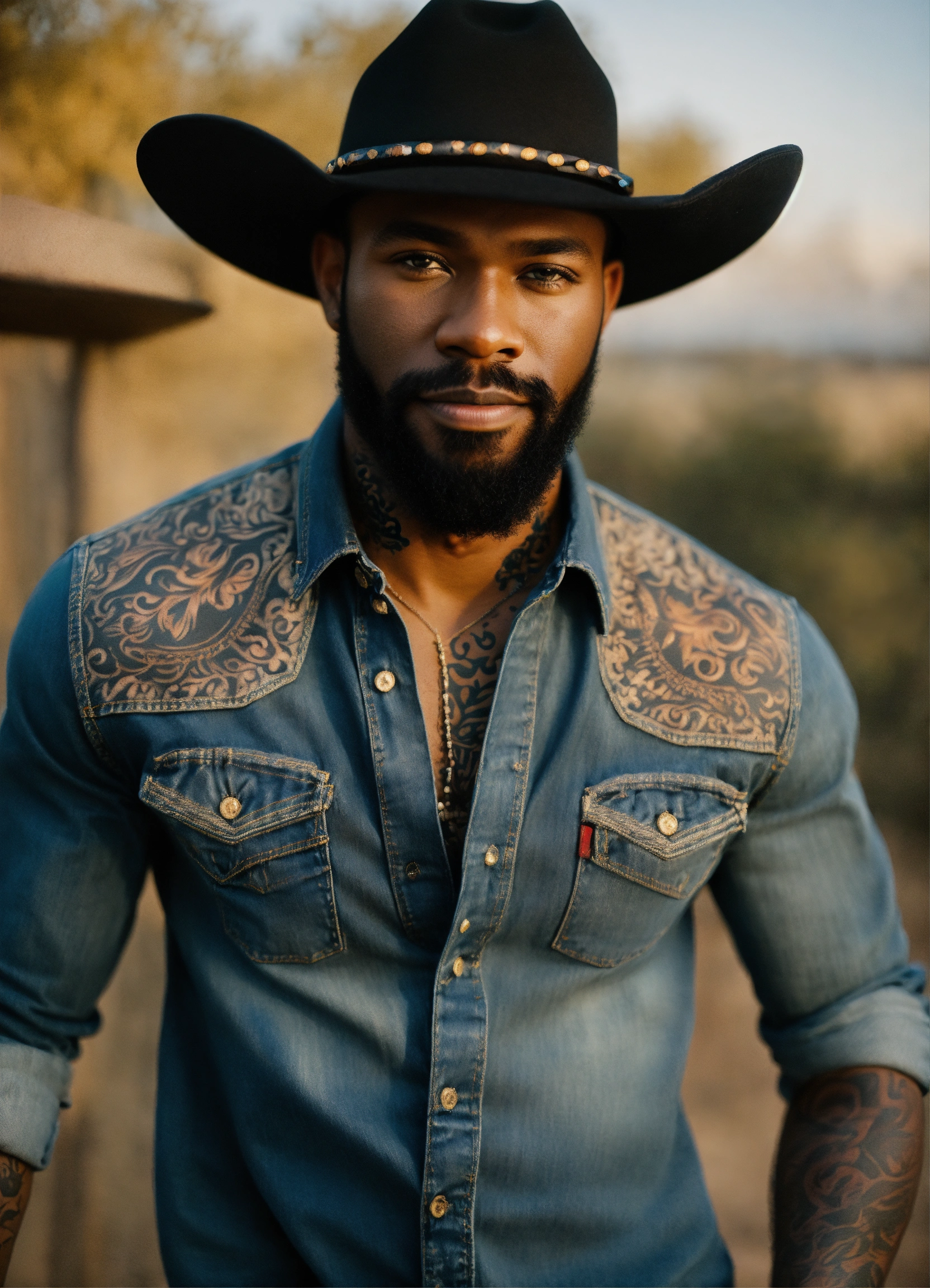 Lexica - Black man, cowboy, wearing jeans, jean shirt cowboy hat ...