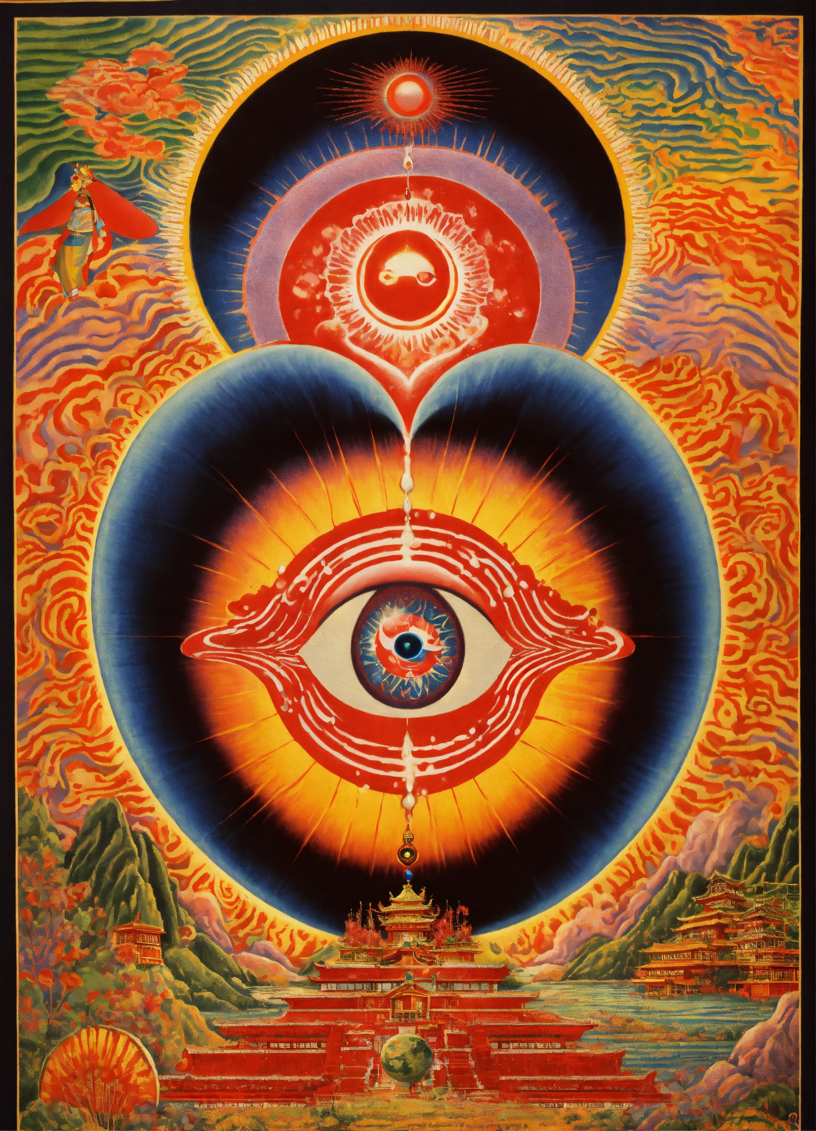 Lexica - Japanese vintage poster , third eye emerging from man head containing all four corners ...