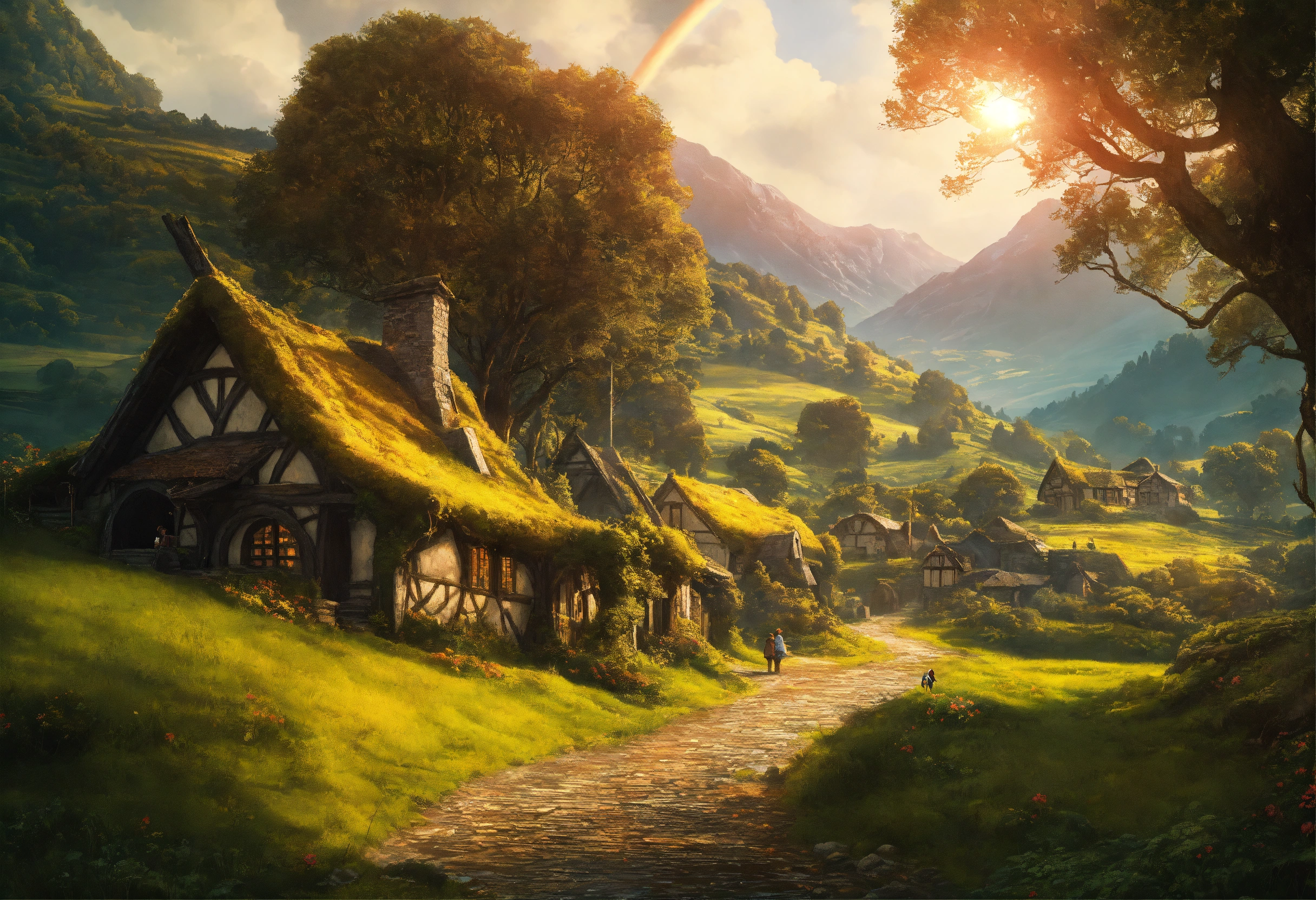 Lexica - Hobbits in the shire scenery landscape in future city, lord of ...