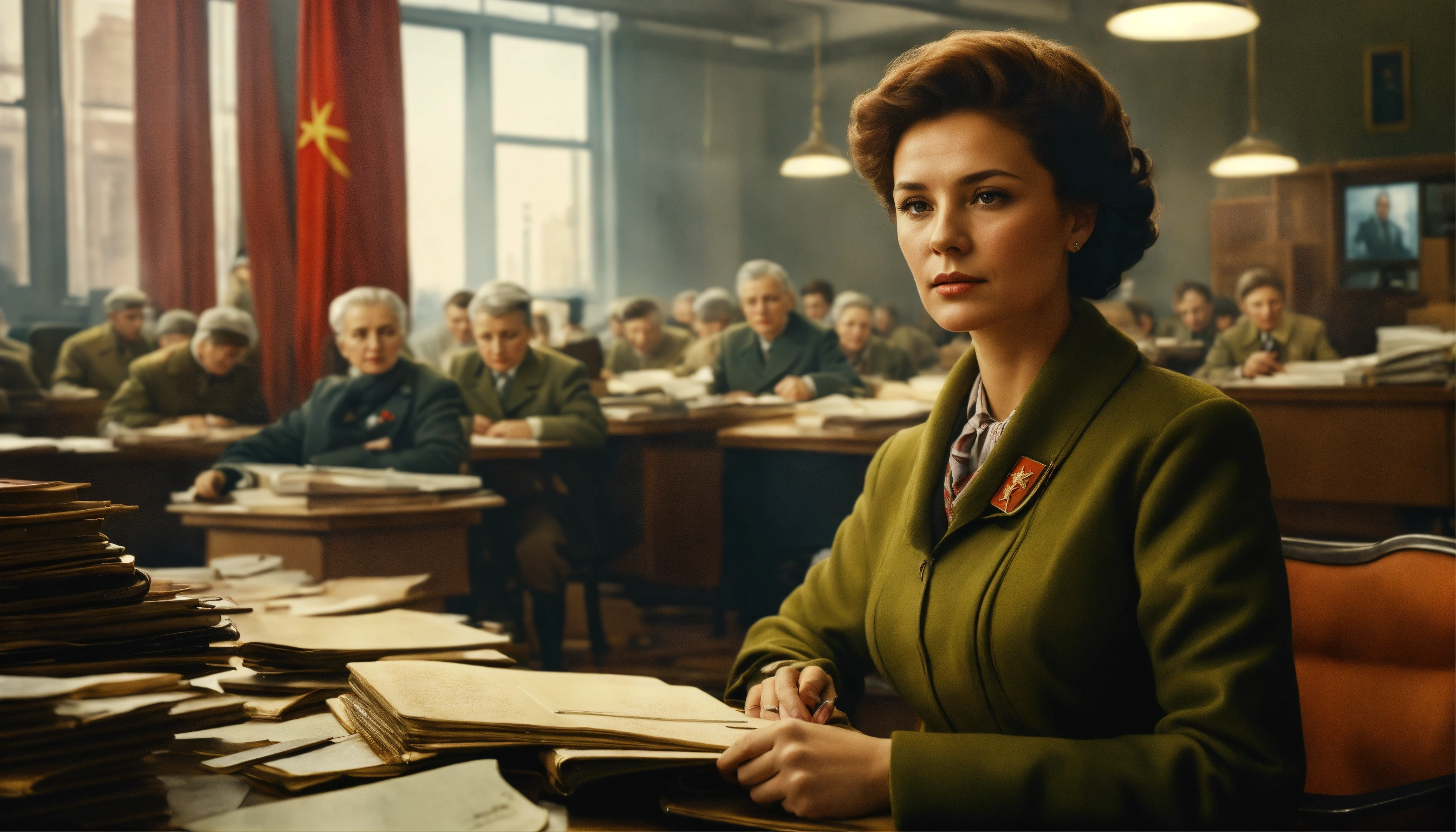 Lexica - A USSR woman sitting in a crowded USSR office, snow outside ...