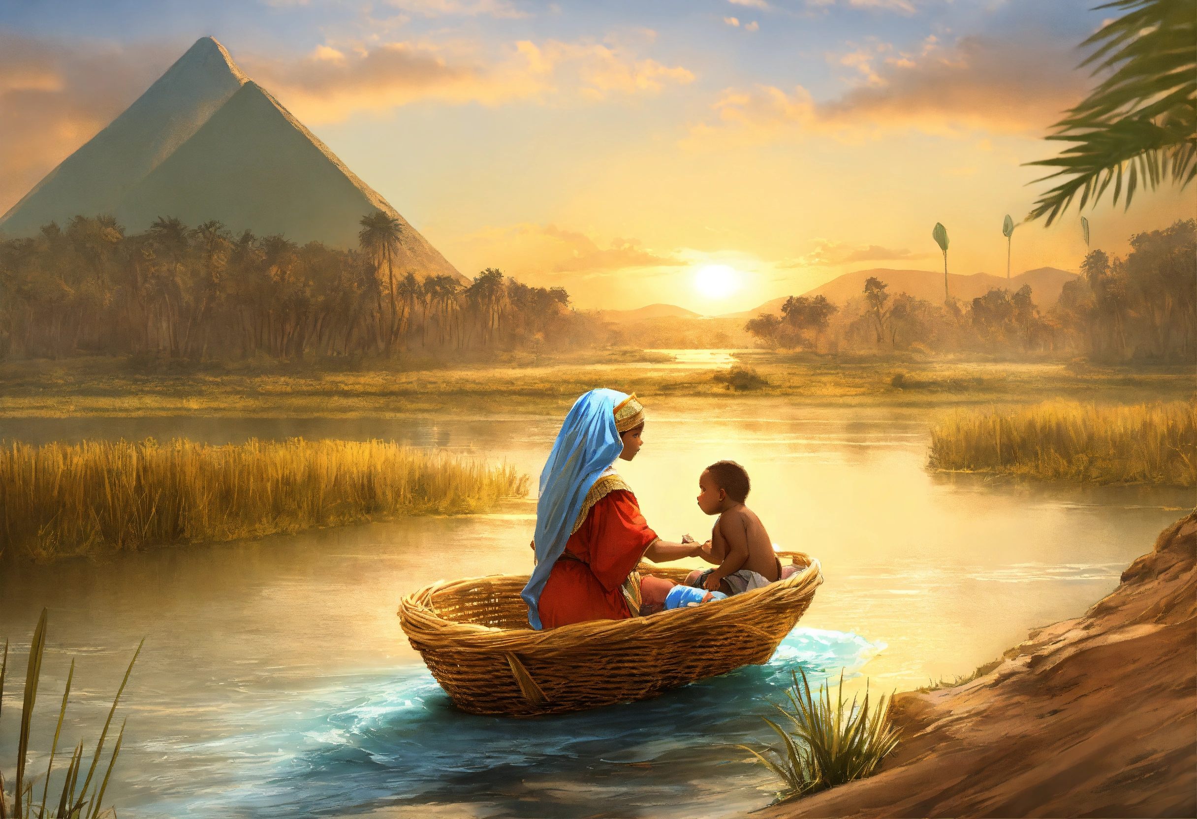 Lexica - Baby Moses in a basket going down the Nile River