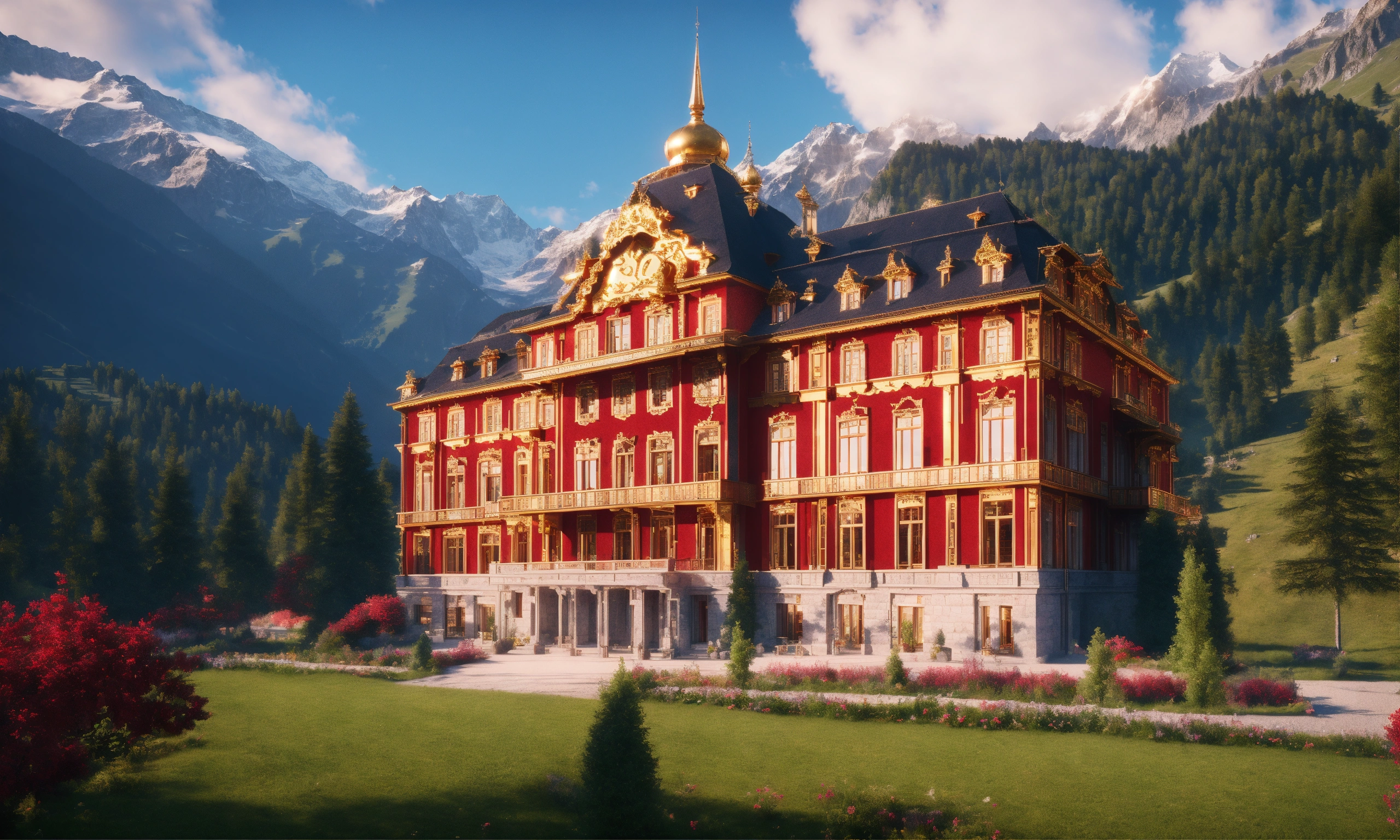 Lexica - Beautiful elegant red and gold palace in the alps, european ...