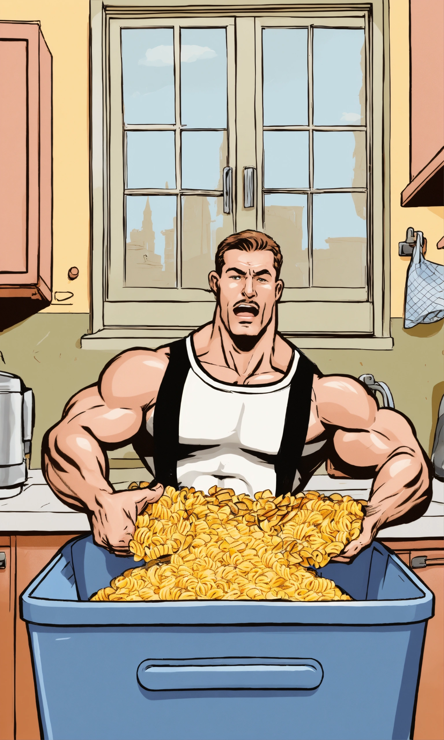 Lexica - Cartoon of a muscular man throwing bread , pasta in the bin ...