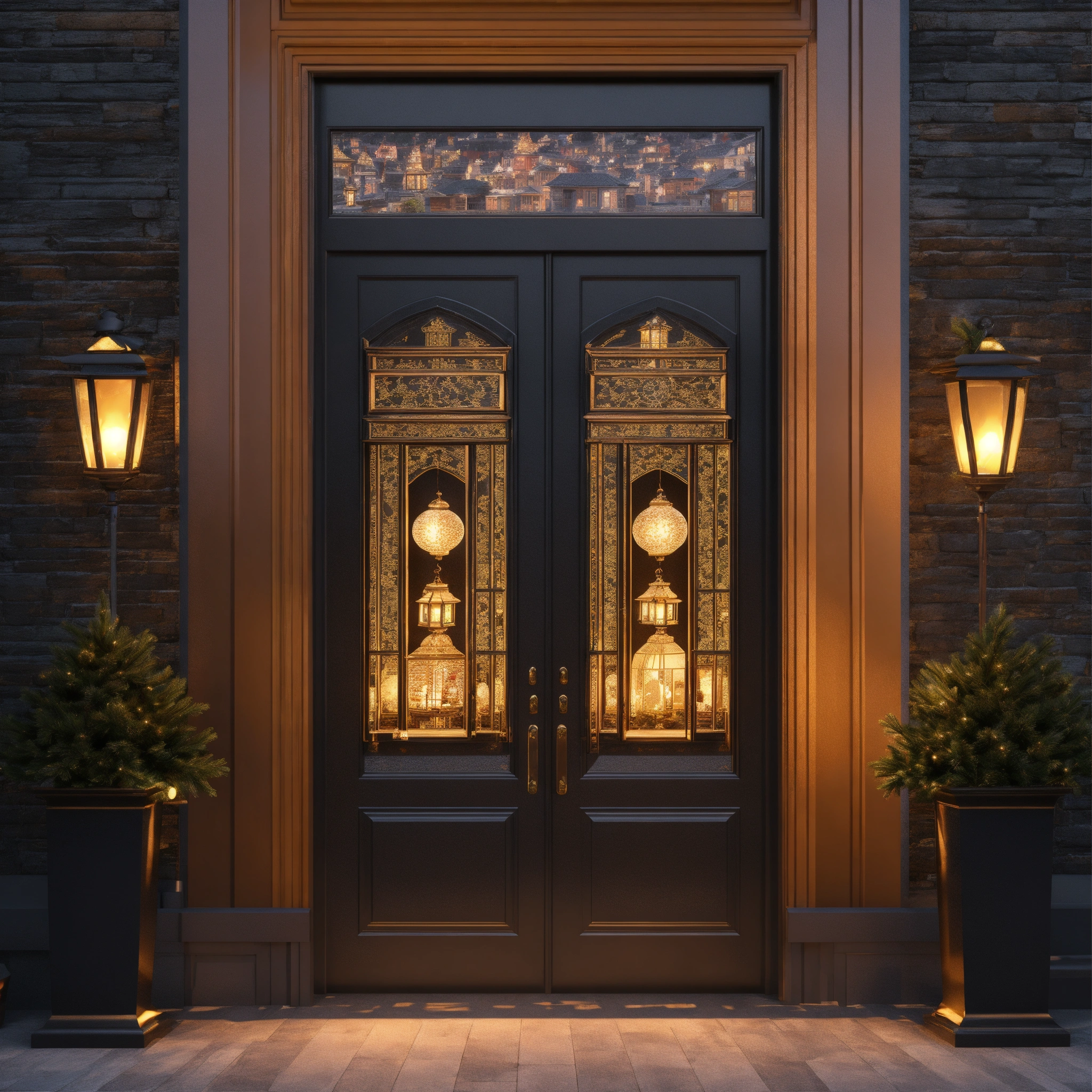 Lexica - 3D stunning double doors Christmas lanterns engraved obsidian ...