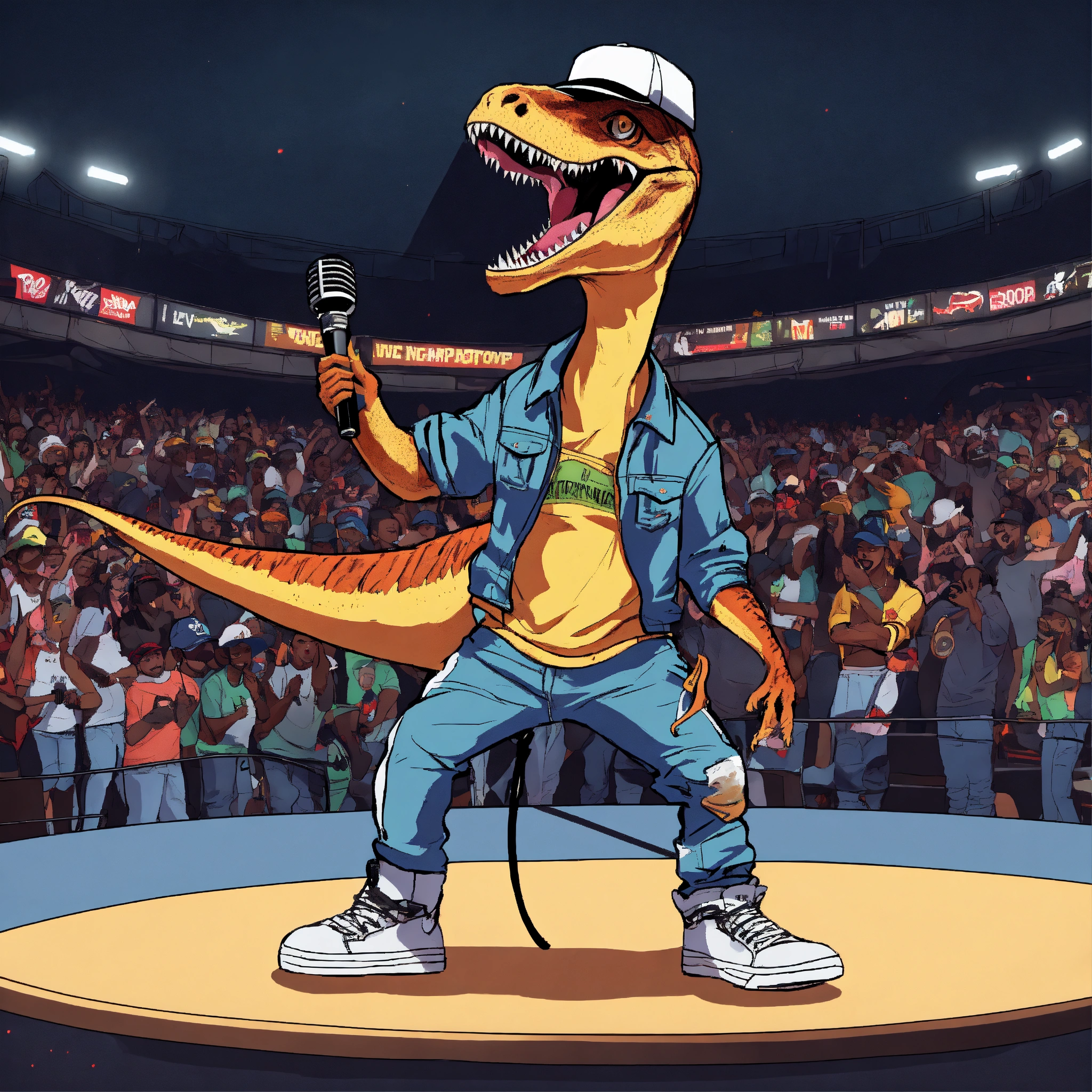 Lexica - A velociraptor dinosaur is a rap star, extremely stylish in ...