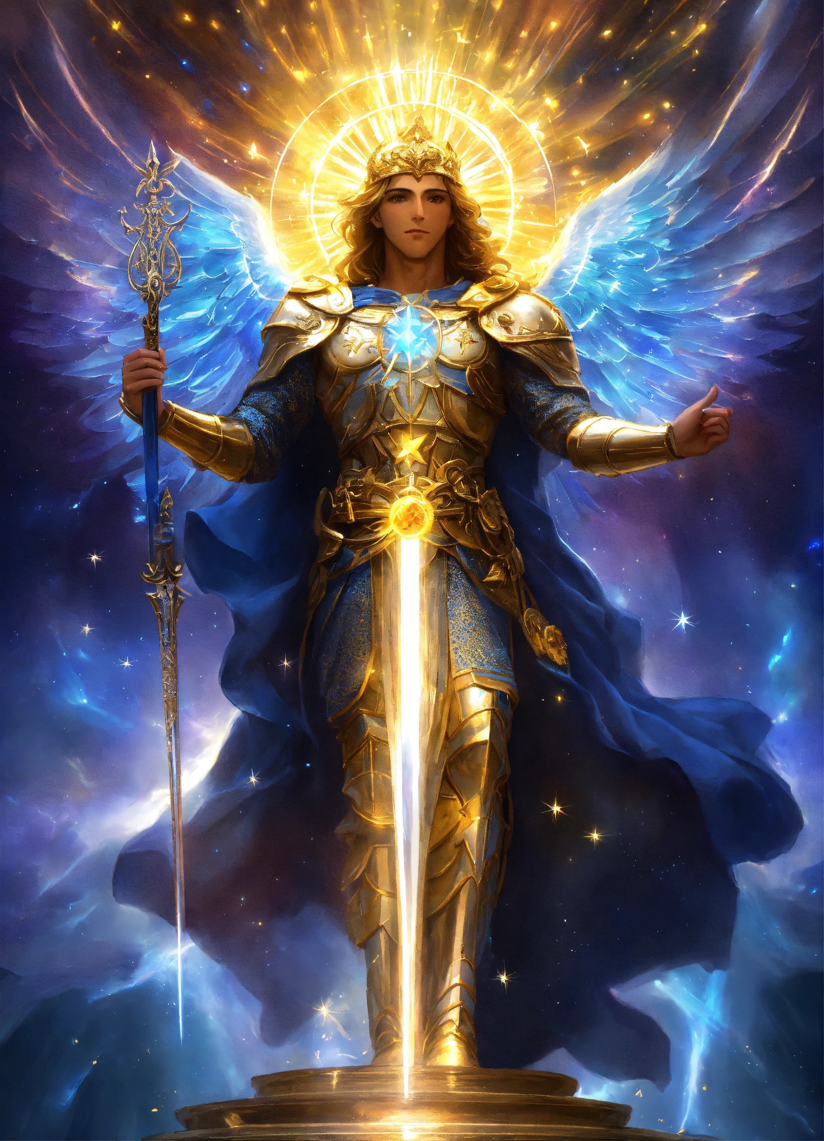 Lexica - Archangel Michael with real face, blue bumps of light, indigo ...