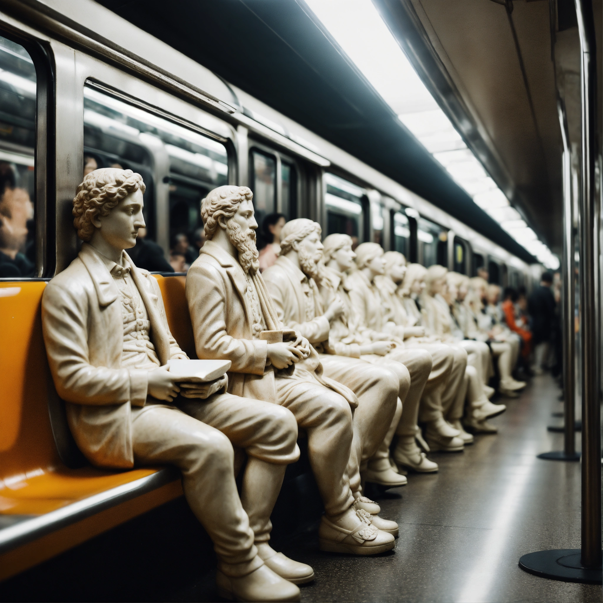 Lexica - Spanish marble statues sitting in a very crowded subway train ...