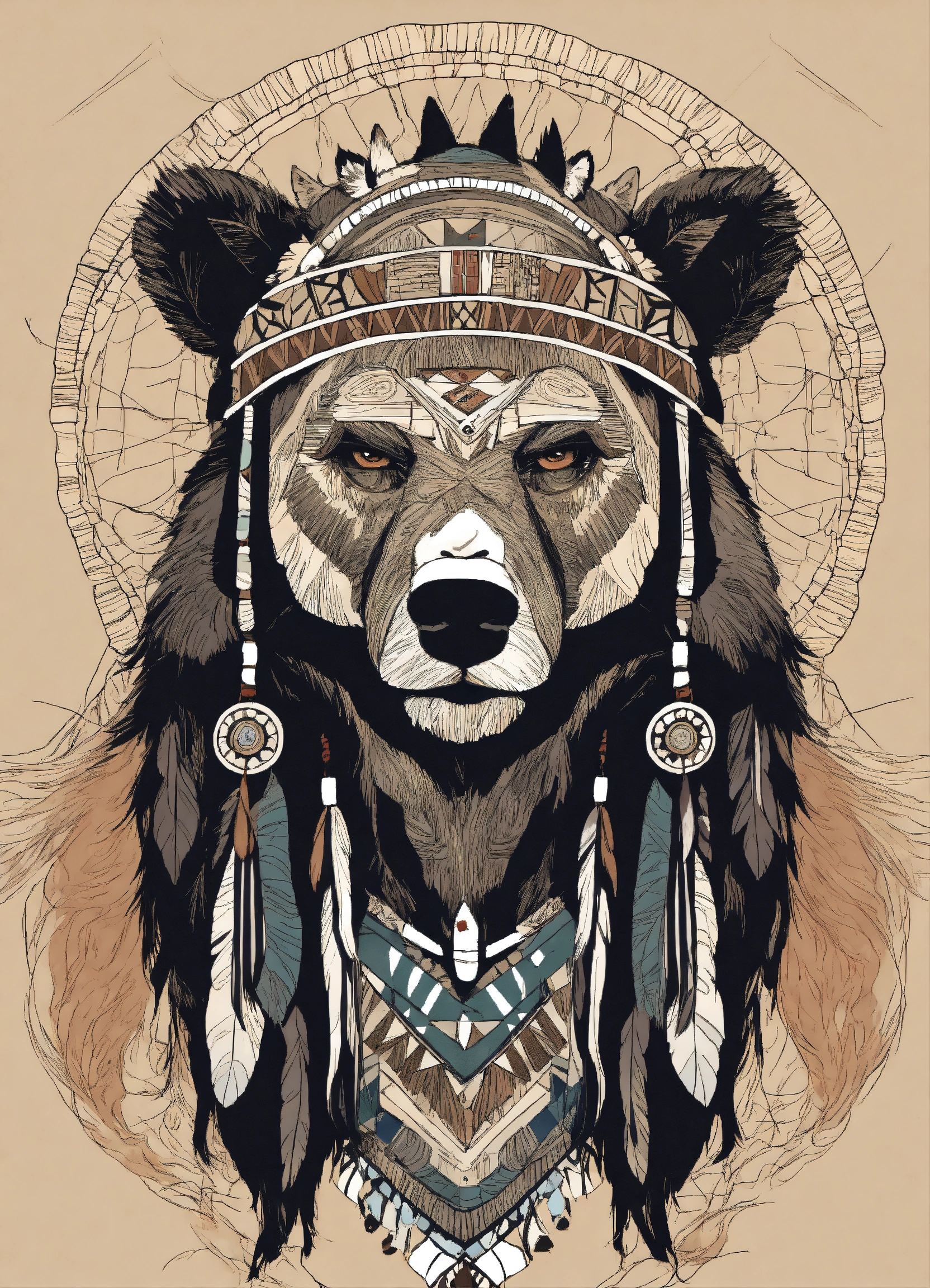 Lexica - Old native american shaman, bear head hat, focused gaze ...