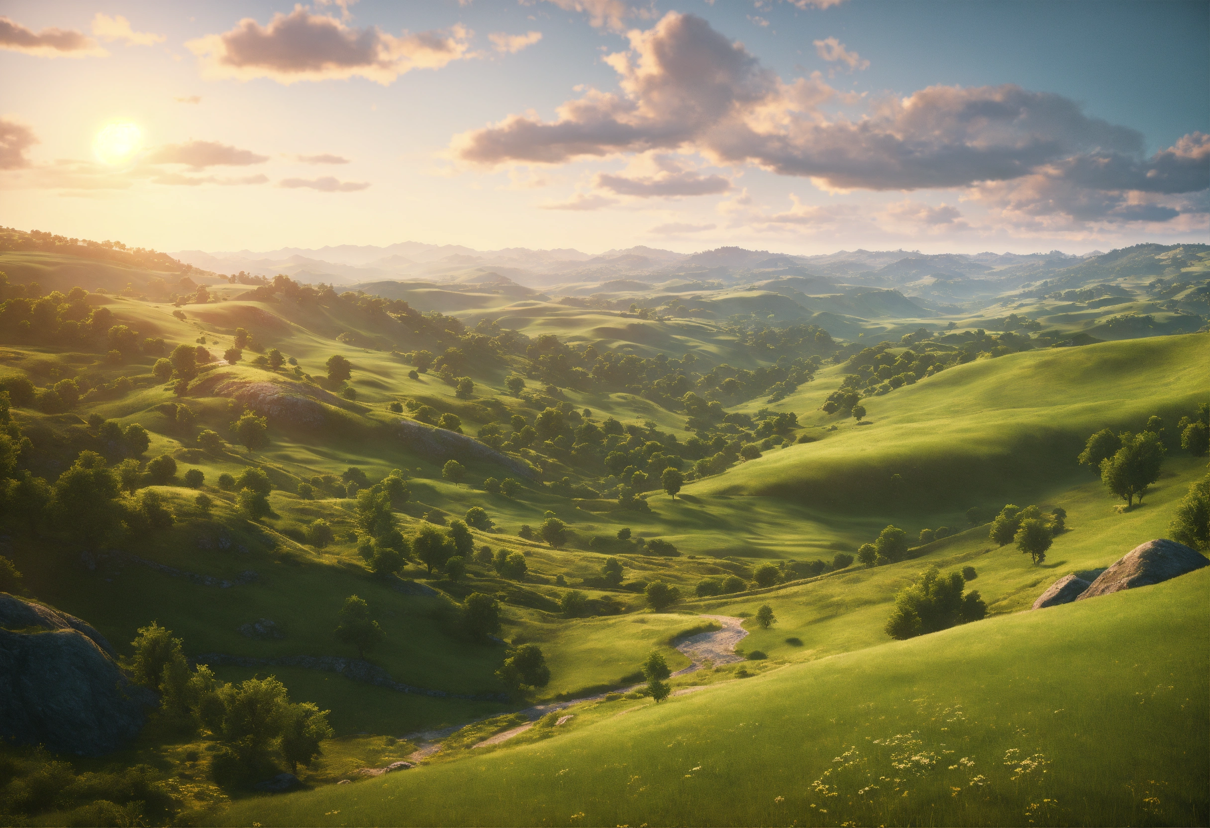 Lexica - Long shot of an epic landscape in summer with green rolling ...