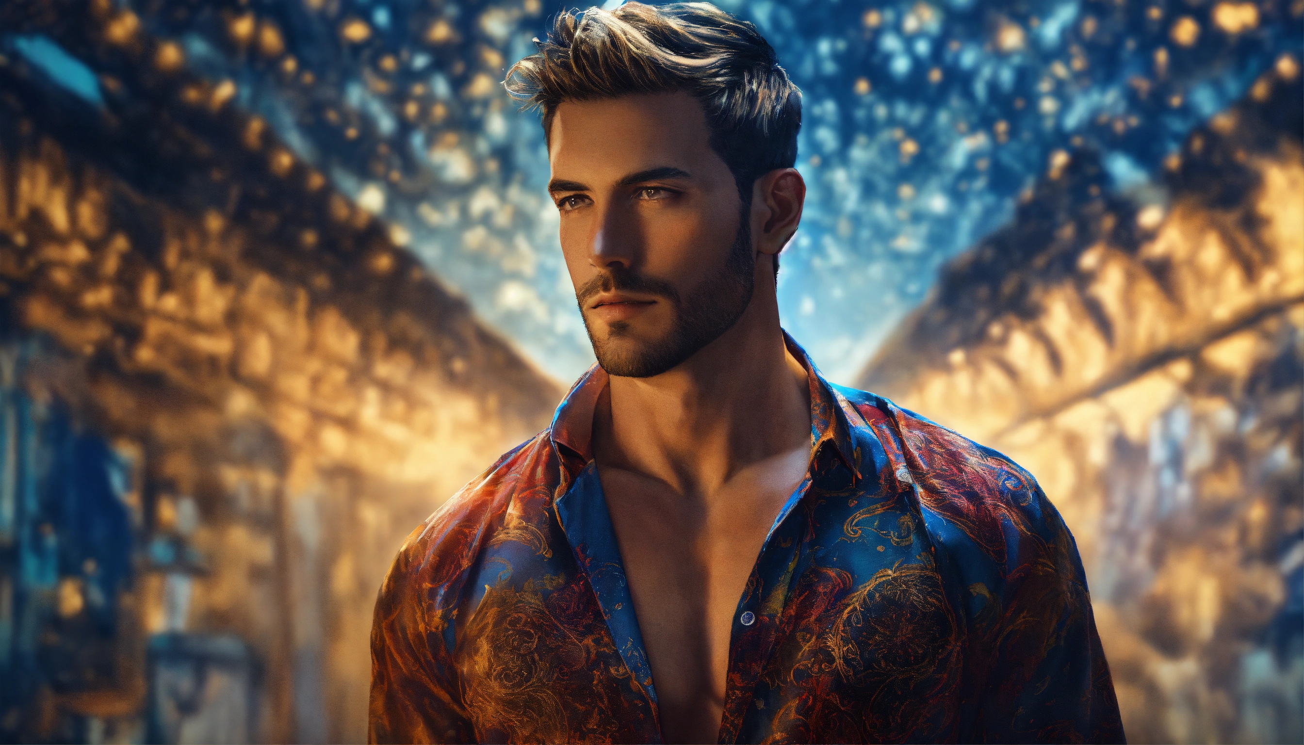 Lexica - Handsome man, looking up, shirt unbuttoned, negative patterns ...
