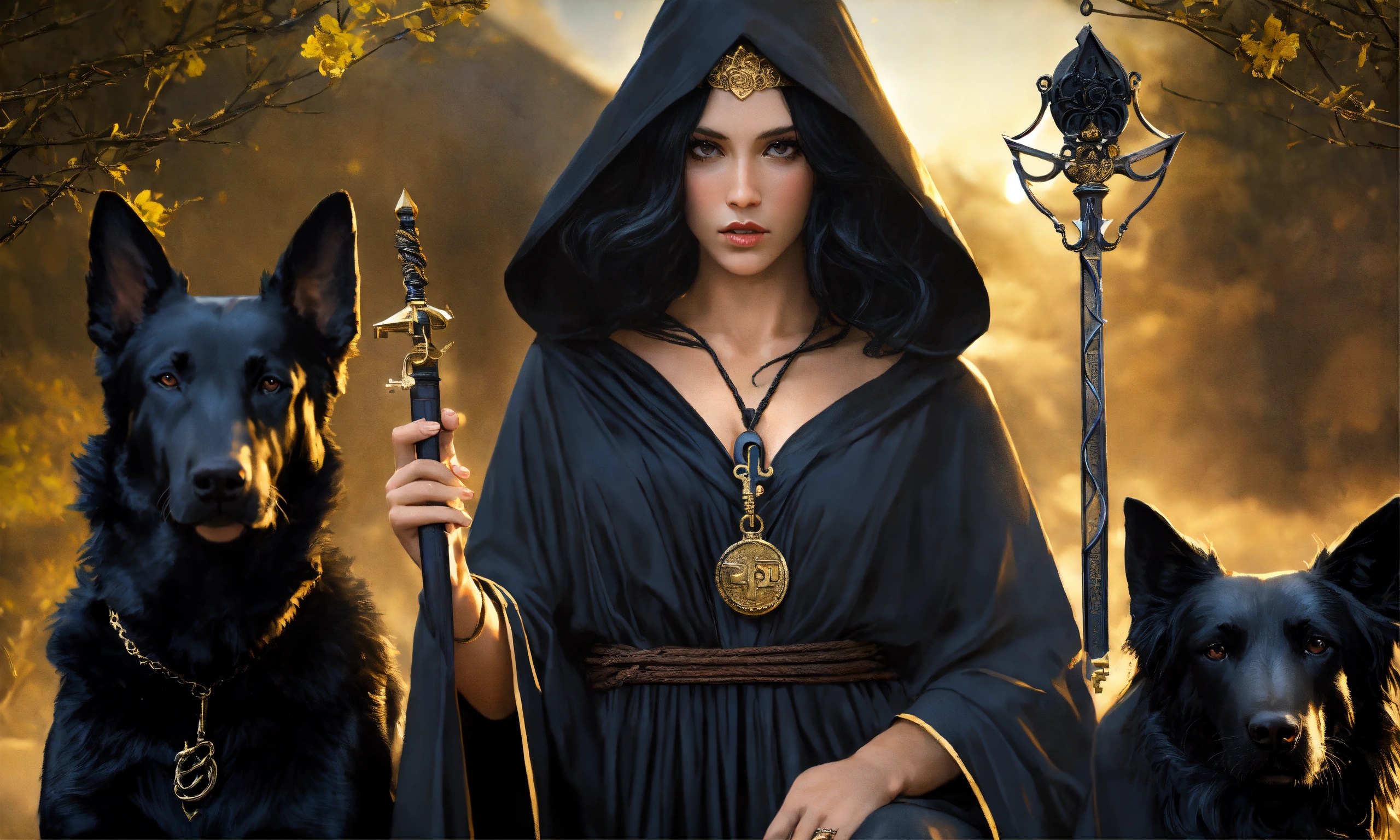 Lexica - Greek goddess Hecate, black hair, cloaked in a black robe, key ...