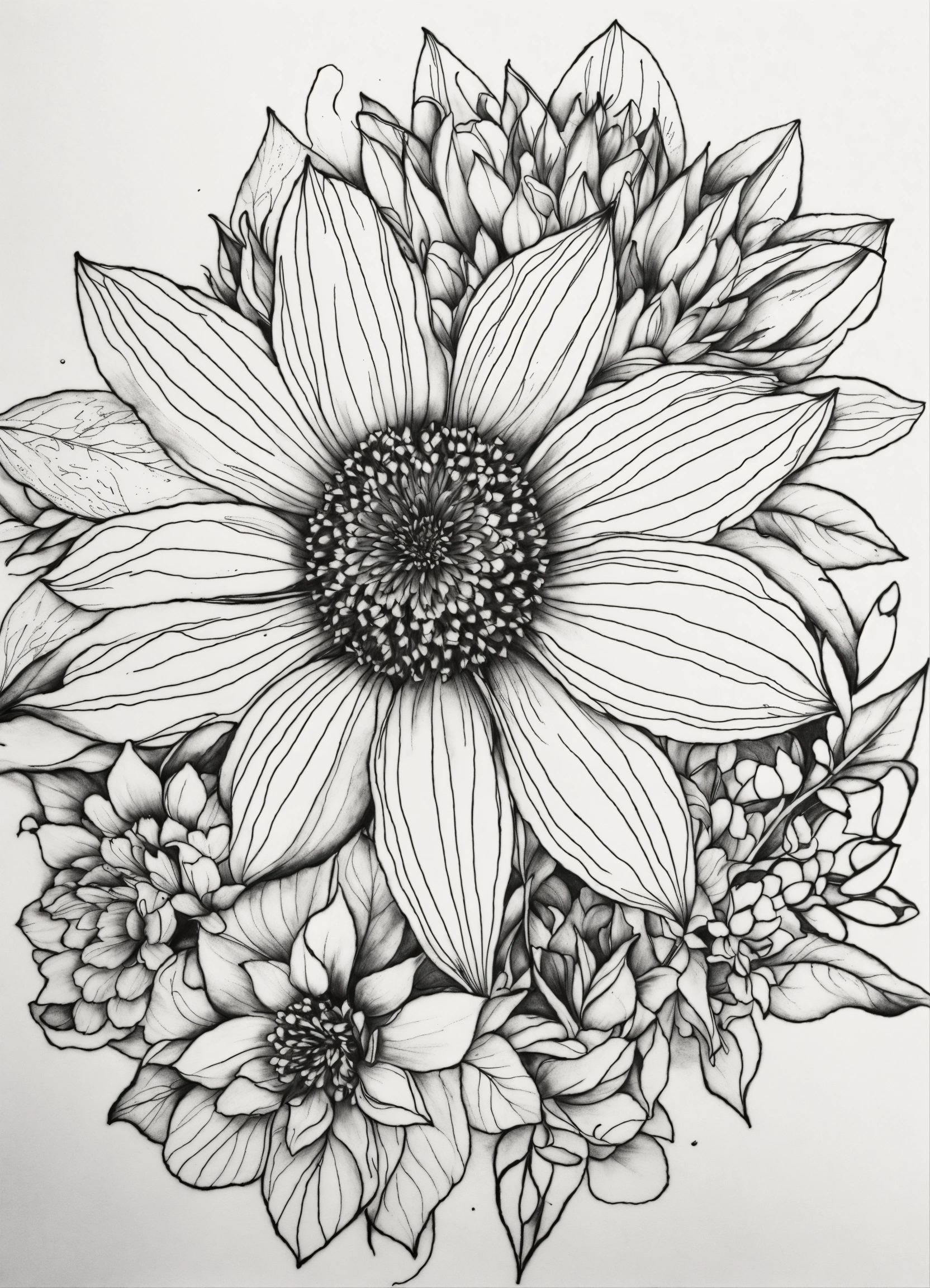 Lexica - Black and white bold line drawing, simple wild flower flash ...