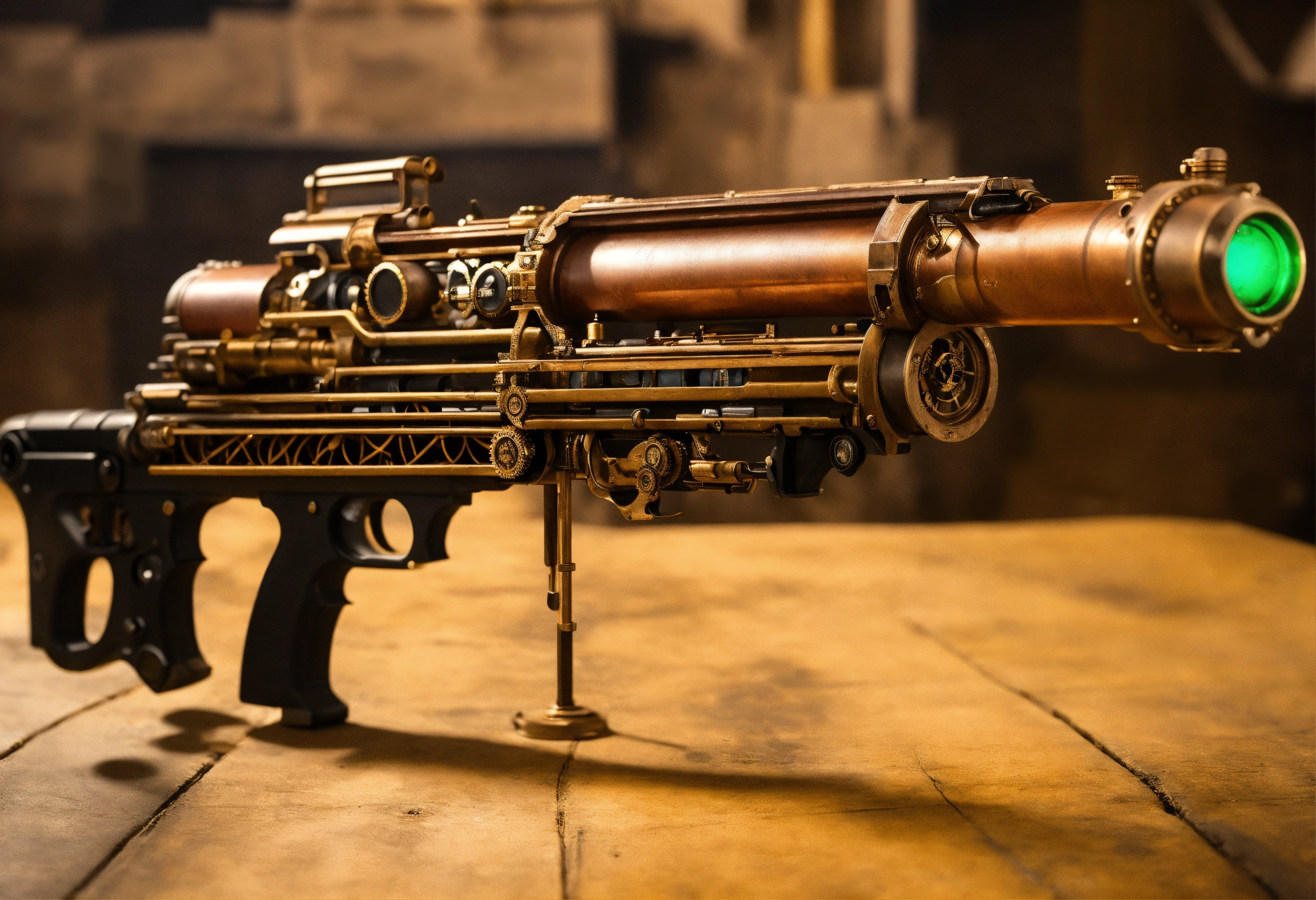 Lexica - Side view of the full image of a steampunk energy rifle