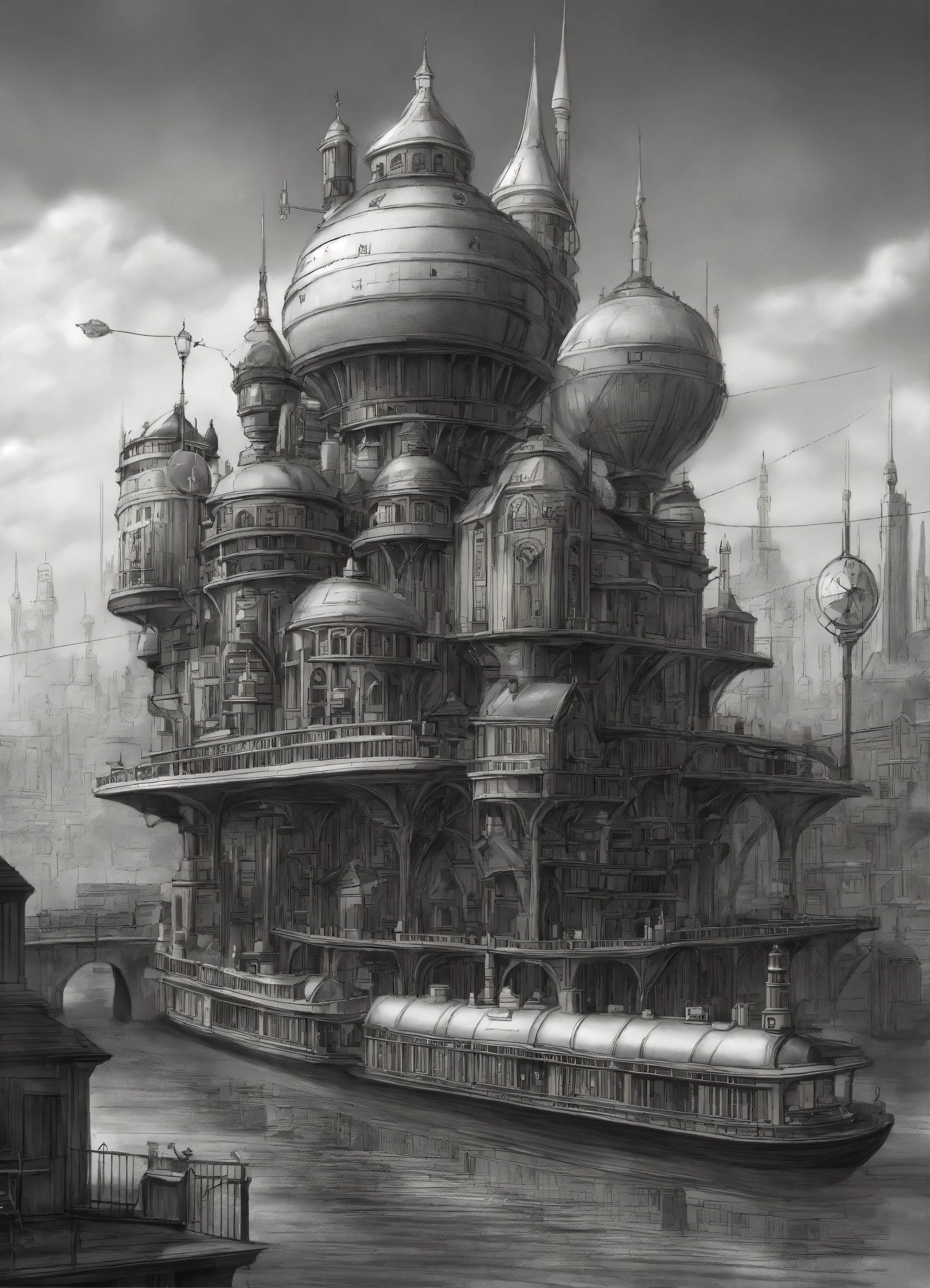 Lexica - A pencil sketch depicting a floating victorian giant city ...