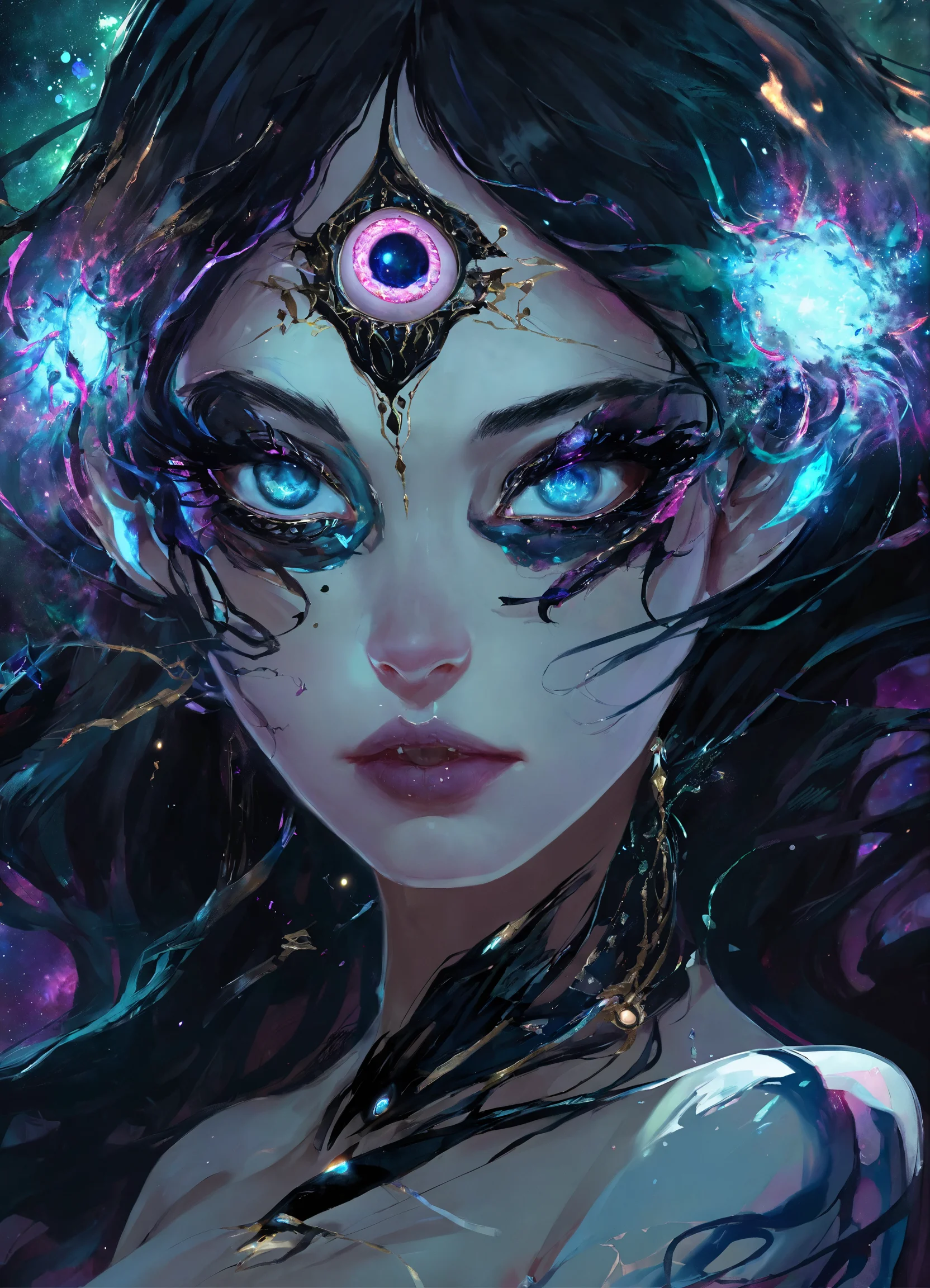 Lexica - Vtuber, portrait as a cosmic goddess, glowing sclera, hypnotic ...