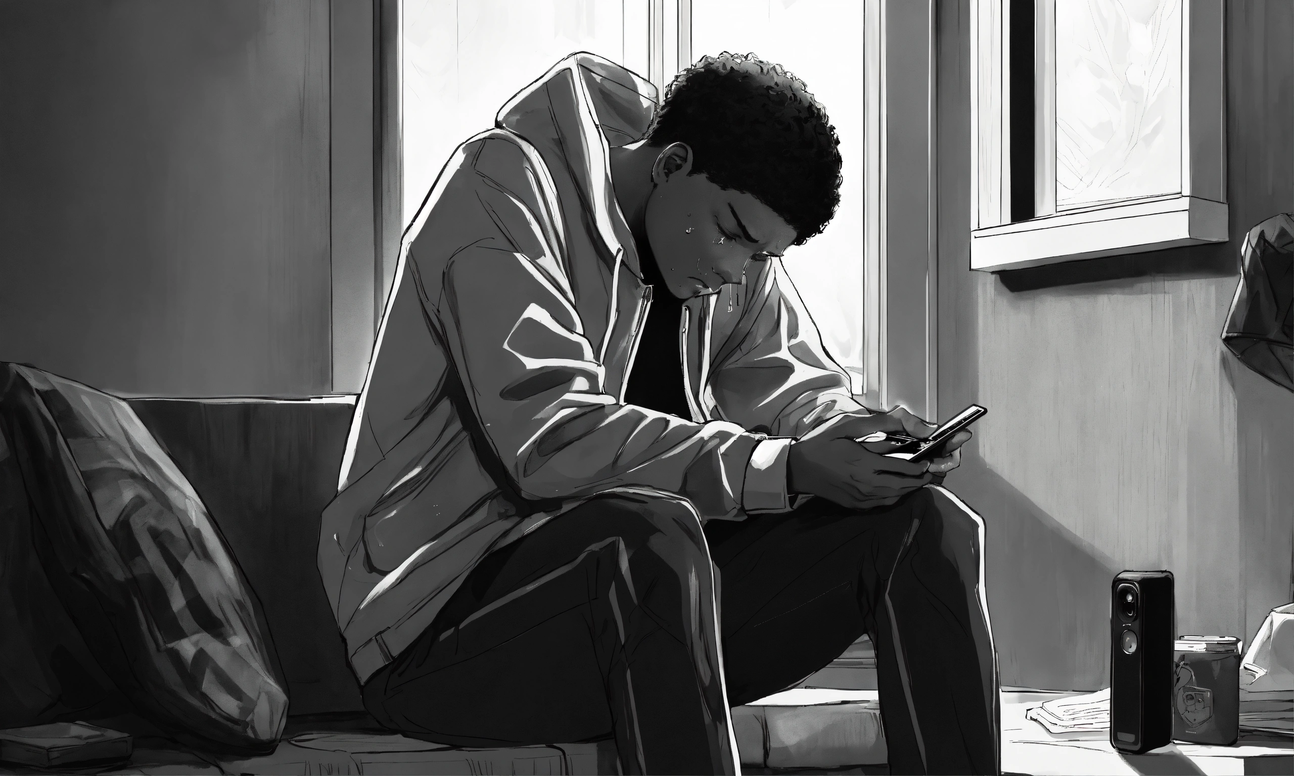 Lexica - Black and white illustration of black 18 year old man, sad ...