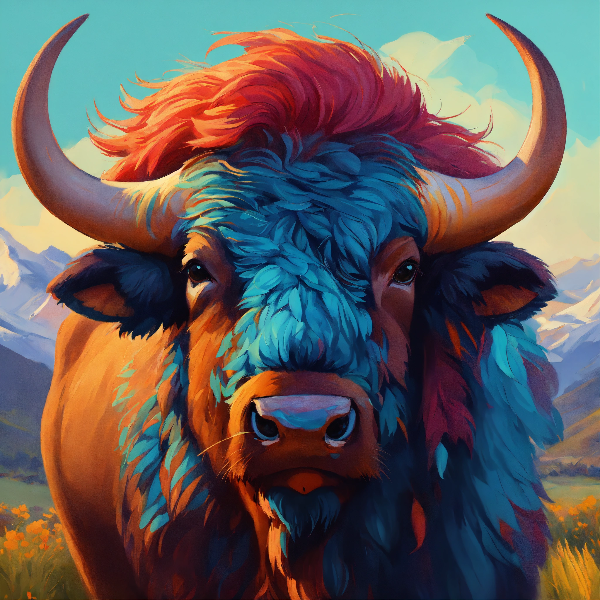 Lexica - Buffalo, cartoon oil paint, 2D illustration style, sharp focus ...