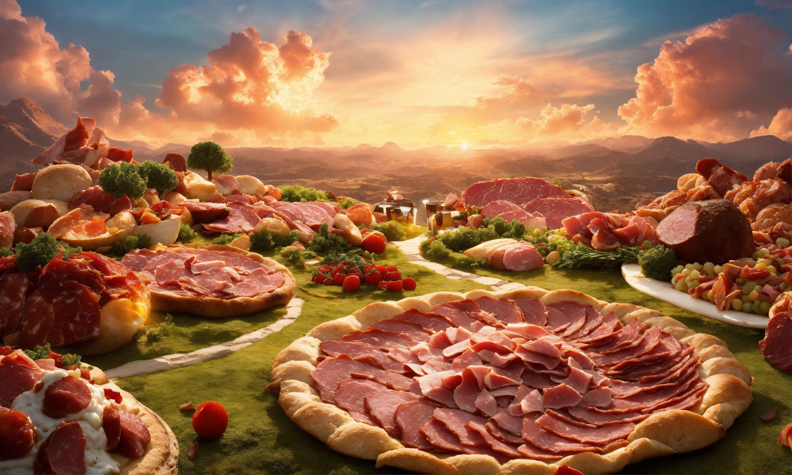 Lexica - A vast landscape made entirely of various meats spreads out ...