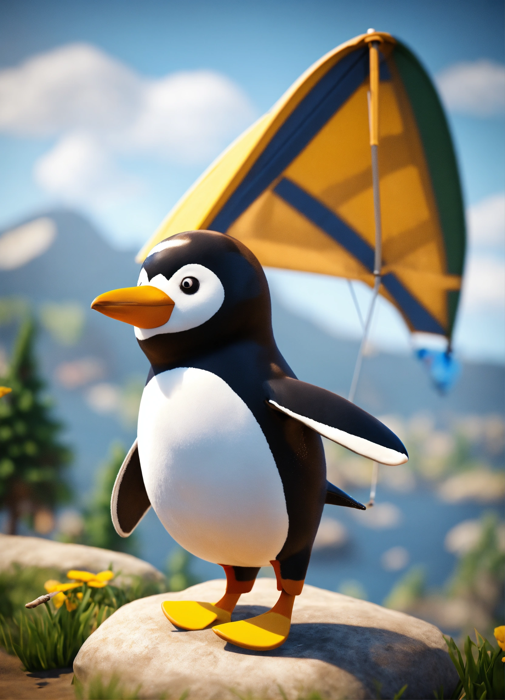 Lexica - Cute penguin wearing an old fashioned hang glider, unreal engine