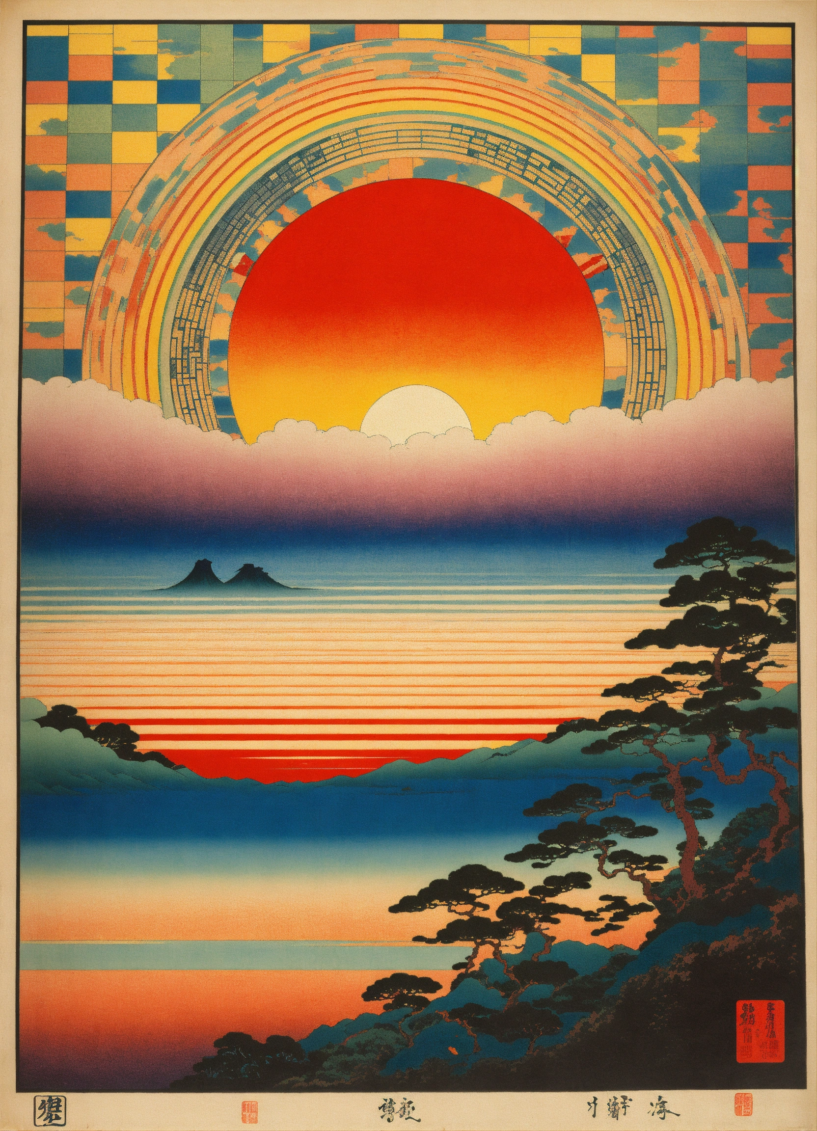 Lexica - Japanese vintage poster, oriental, sun merging into moon ...