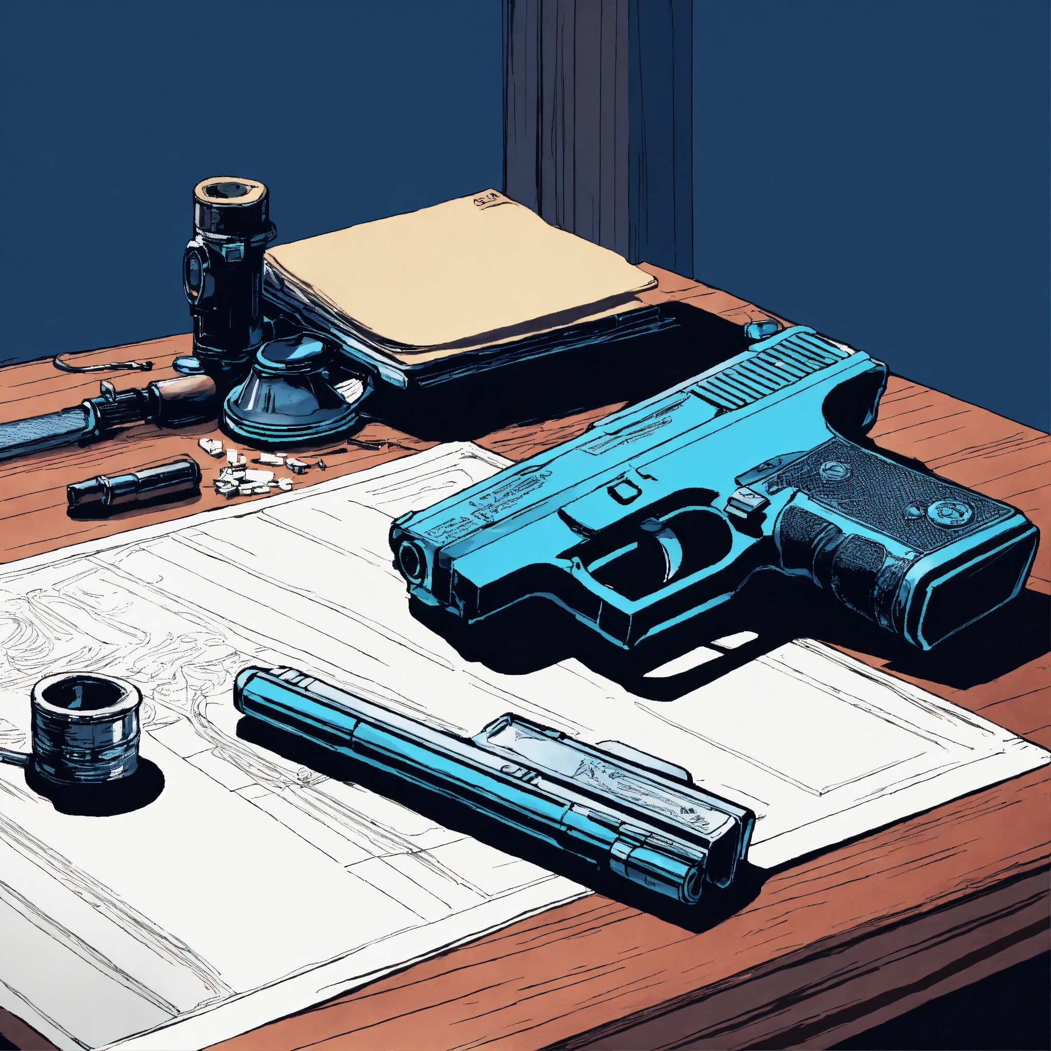 Lexica - Crime screen gun on table, detective lineart moody blue simple