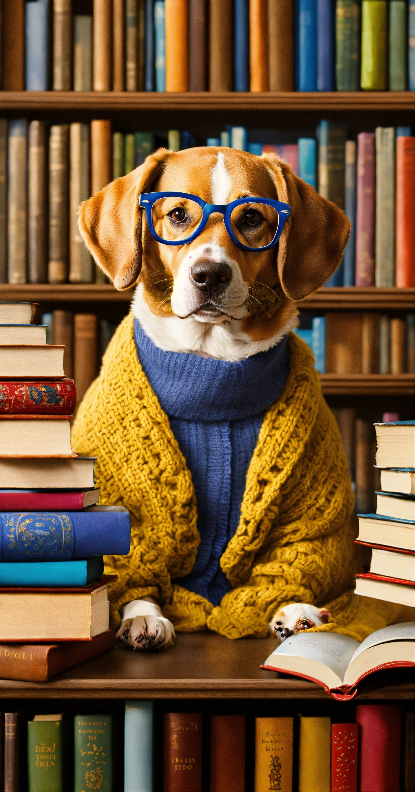 Lexica - Design a picture of a dog as a cozy librarian, with reading ...