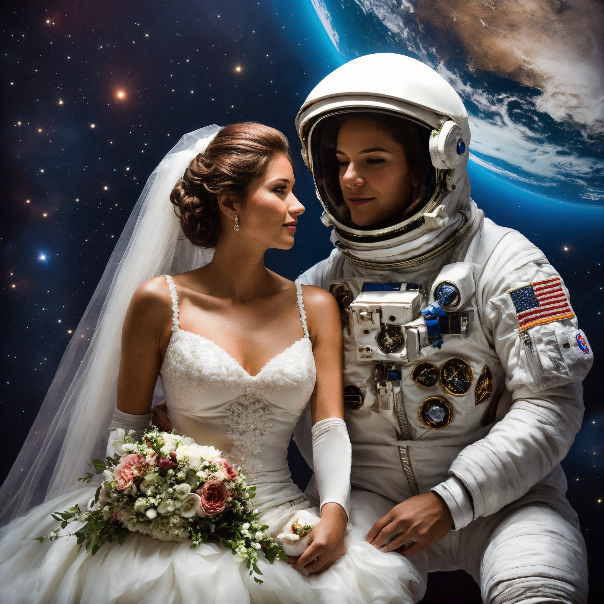 Lexica - Astronaut, realistic, the bride with astronaut helmet and groom