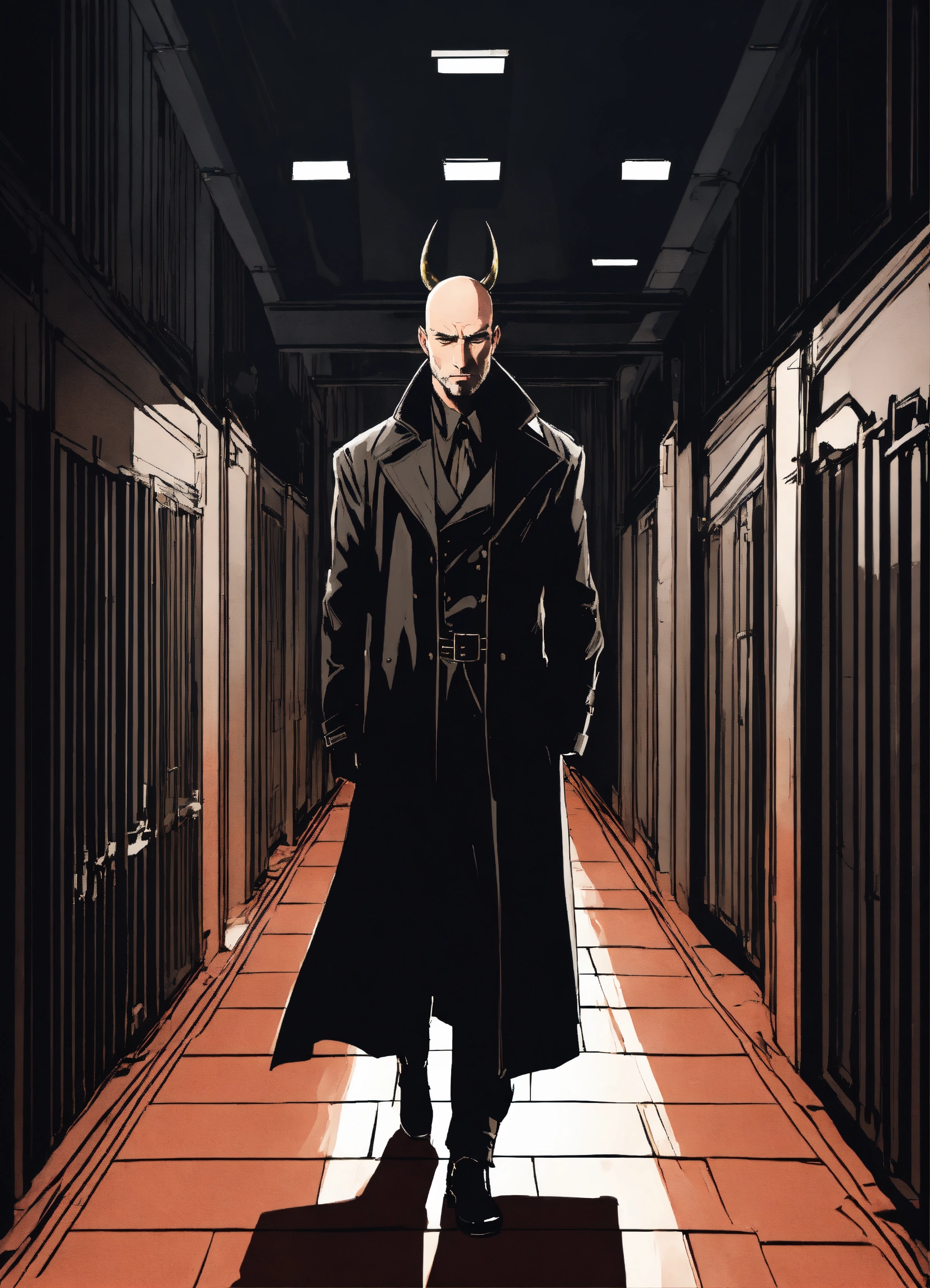 Lexica - A stoic, handsome bald man with minotaur horns in a black ...