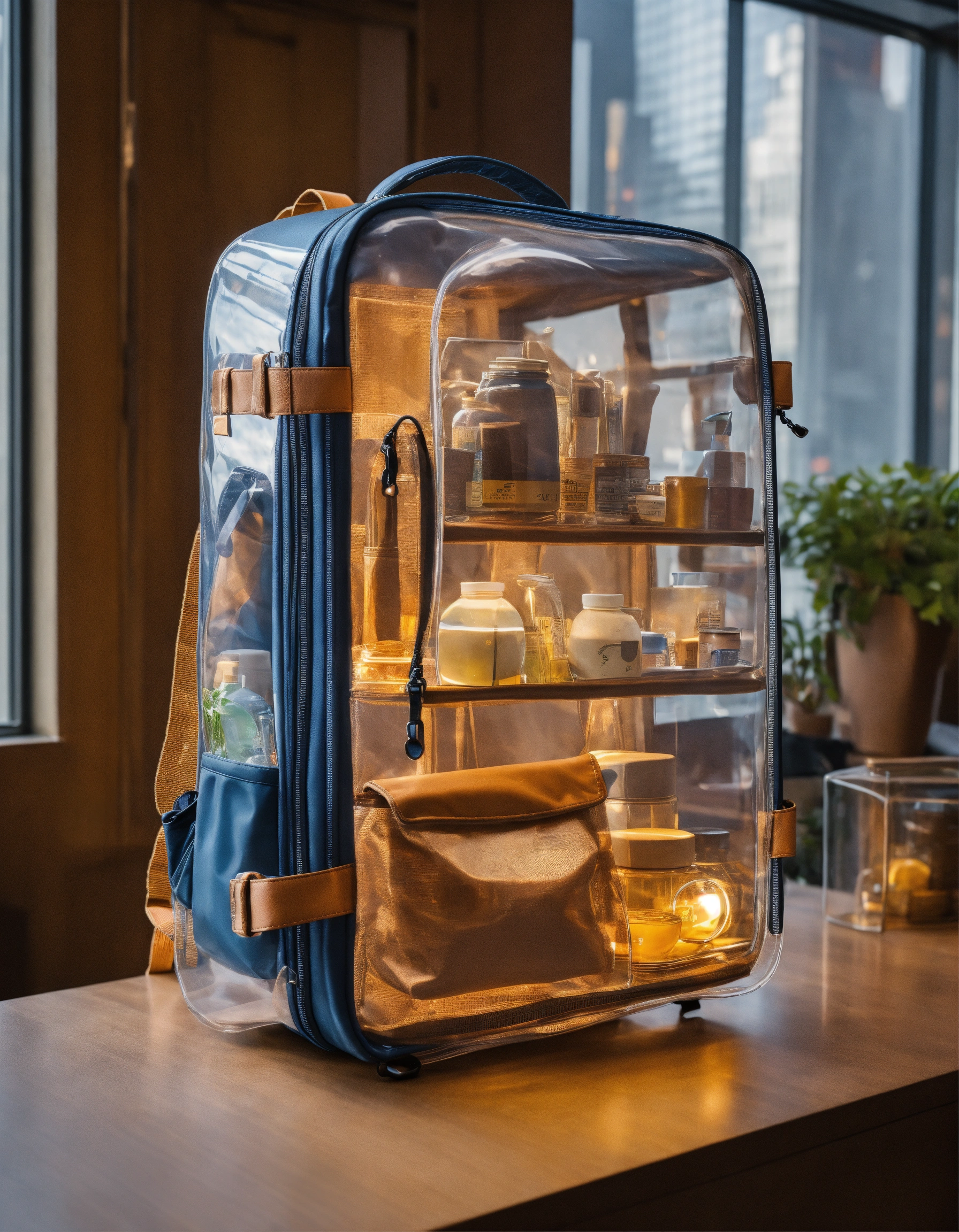 Lexica - A see through glass backpack, very heavy, product advertisement