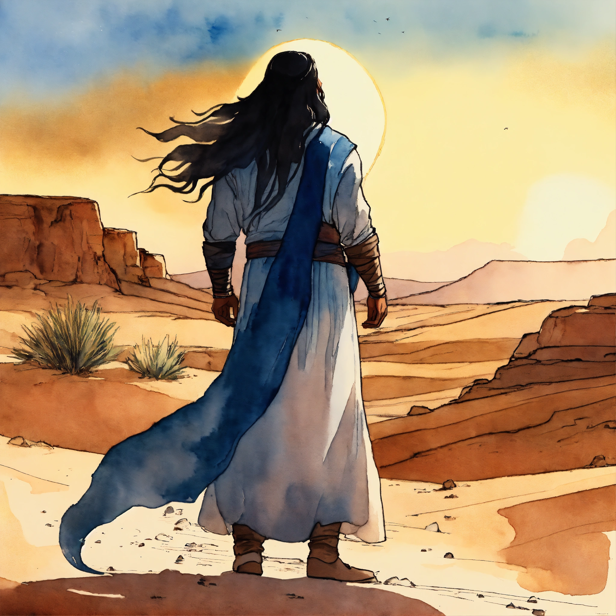 Lexica - A savior is pictured from behind. Long hair, Arabic, chosen ...