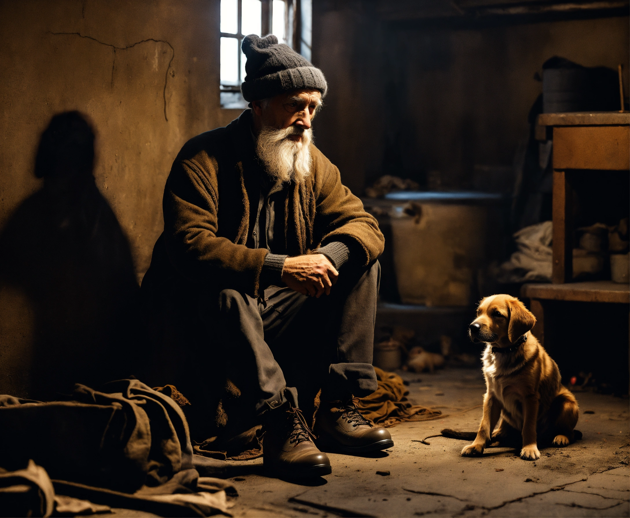 Lexica - An utrarealistic dark picture of an old homless with a dirty ...