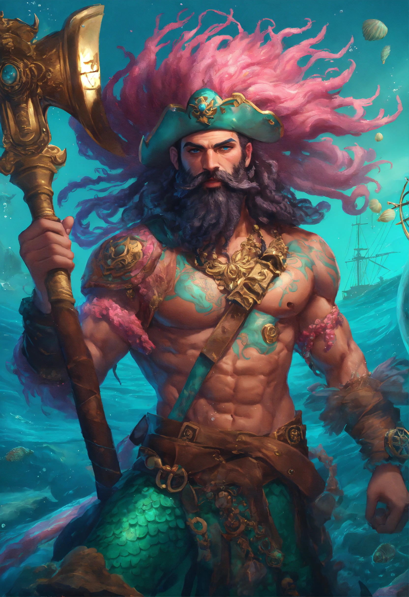 Lexica - A buff muscular Merman pirate captain with scales across his ...