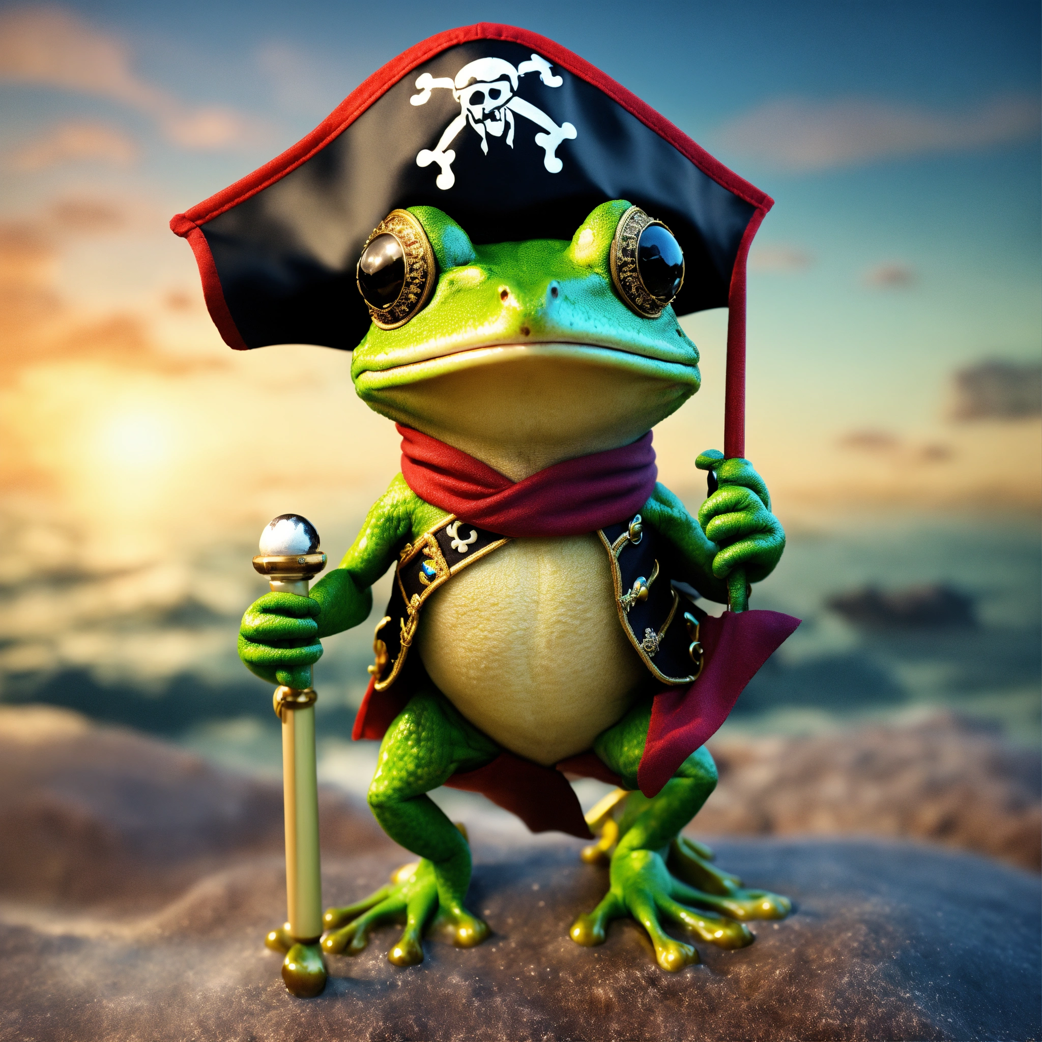Lexica - Pirate frog, wearing a pirate hat, holding a pirate flag ...