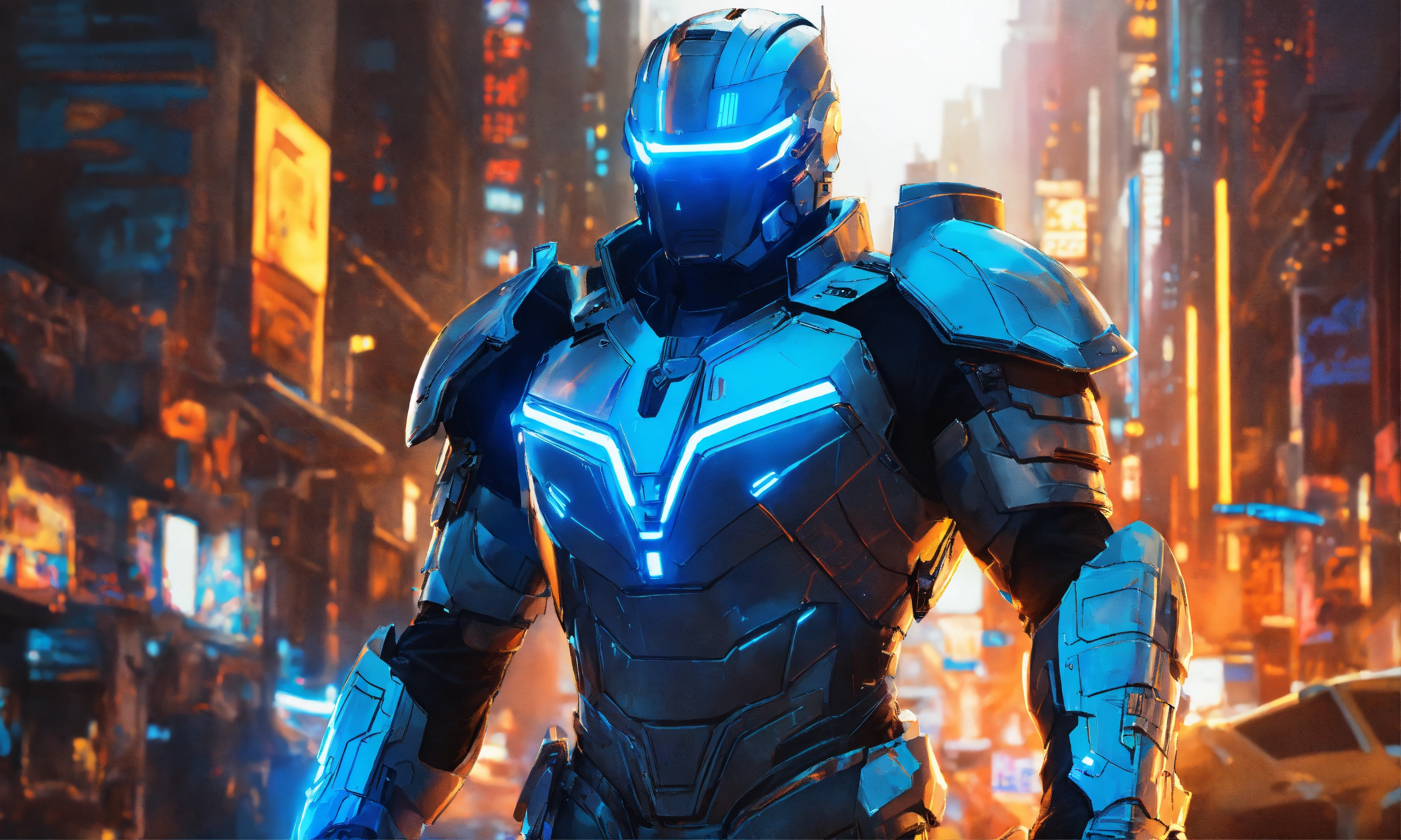 Lexica - Futuristic superhero, wearing a sleek suit of armor, neon blue ...