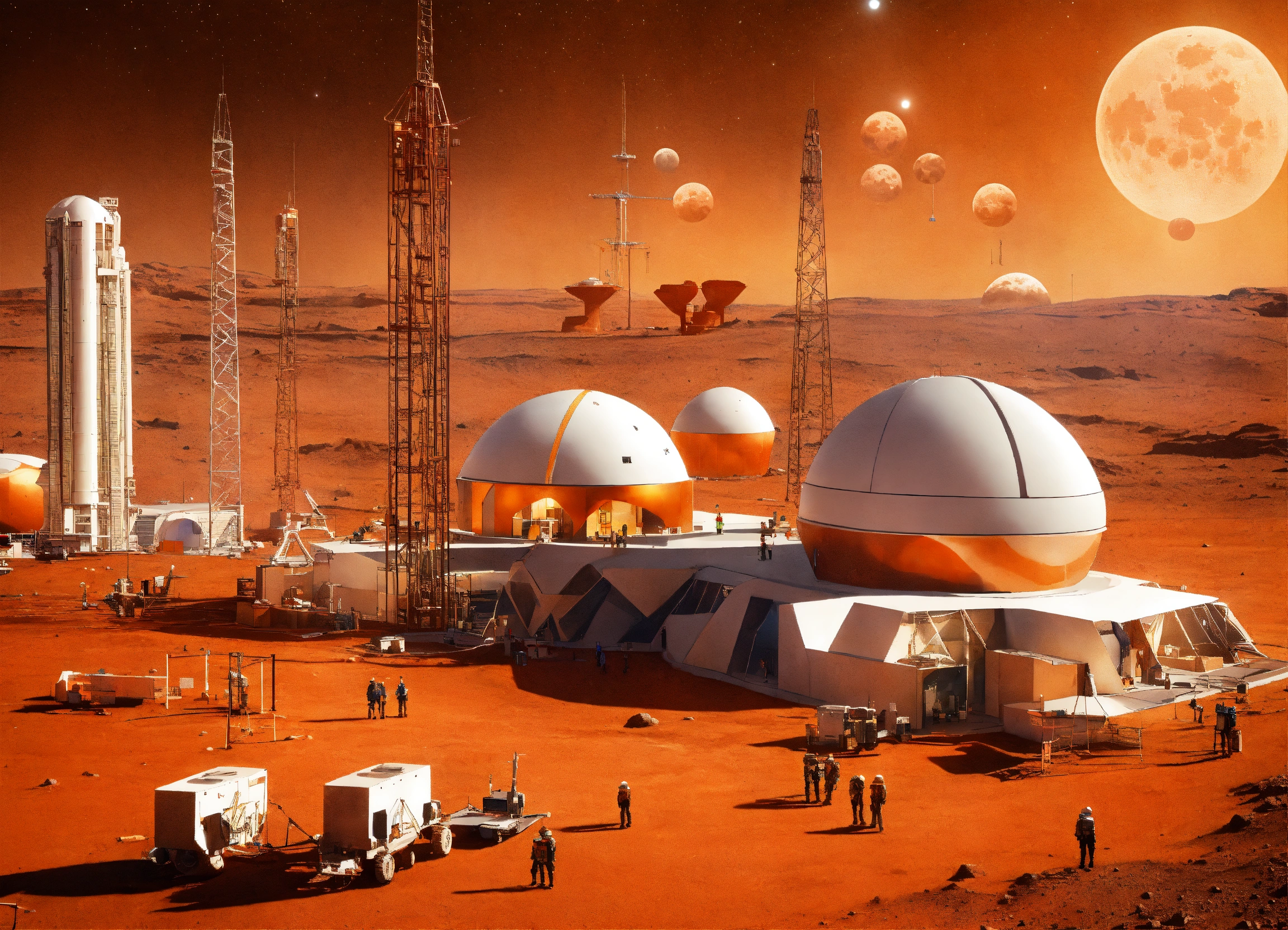 Lexica - Picture of construction on mars using space age technology. Show multiple moons in the ...