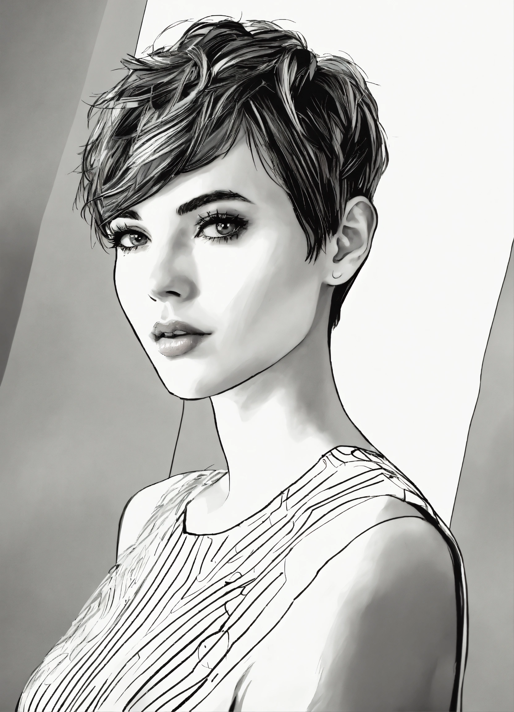 Lexica - Black and white line drawing, woman, pixie cut, upper body ...