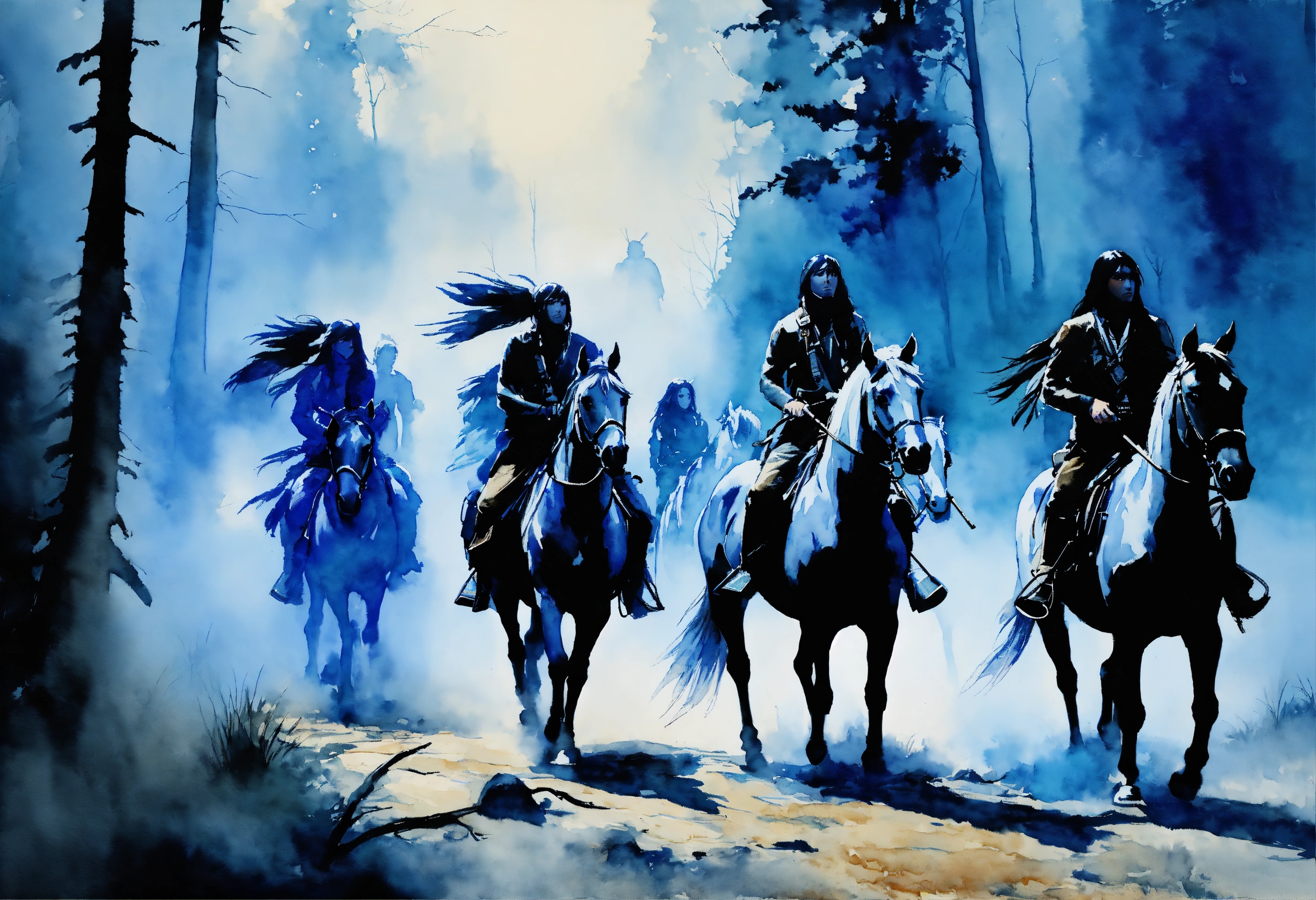 Lexica - Amazing watercolor painting of native Americans riding ...