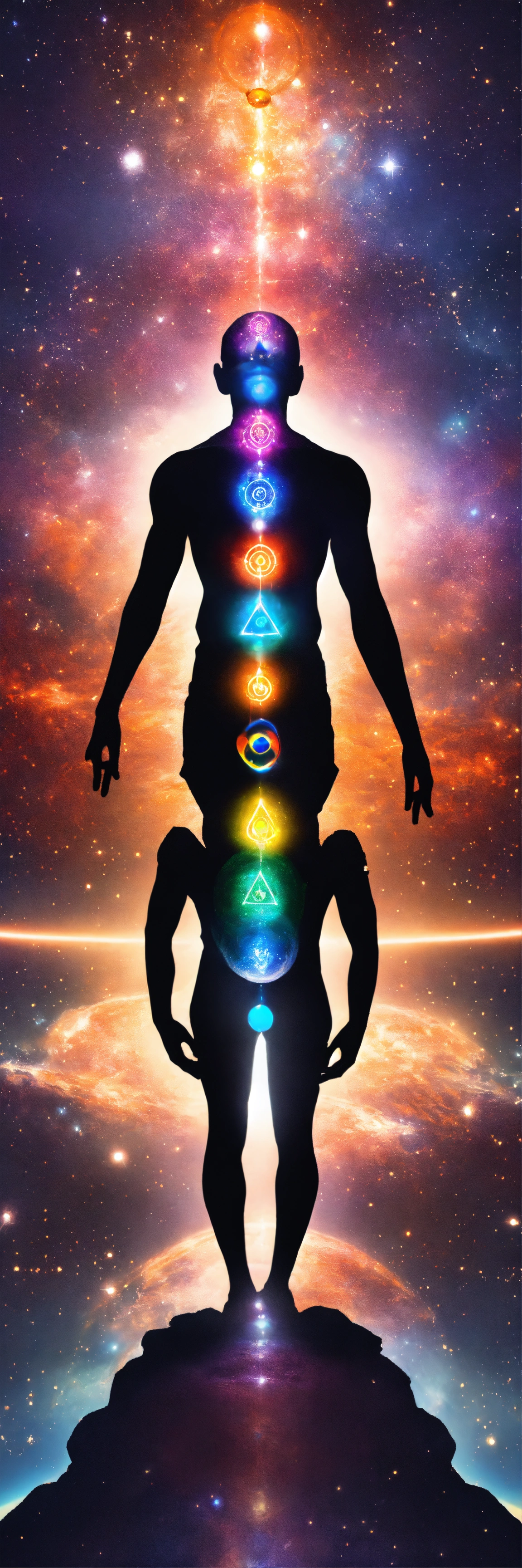 Lexica - Human entity meditating in space showing his chakras