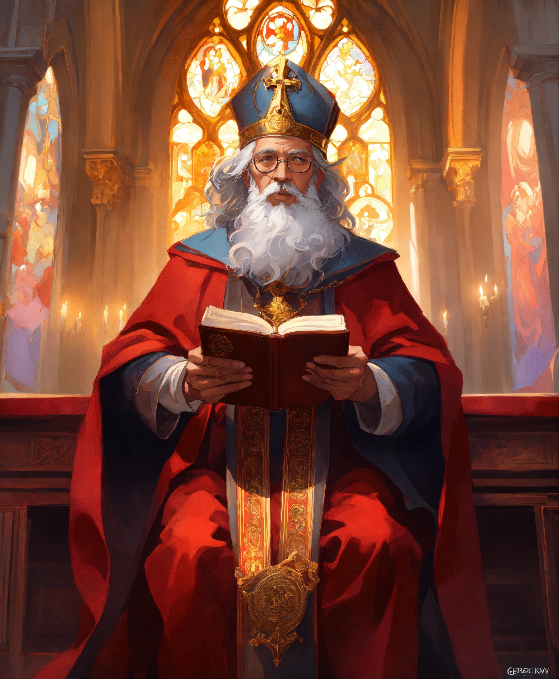 Lexica - Male old wise bishop with bishop hat grey hair with bible and ...