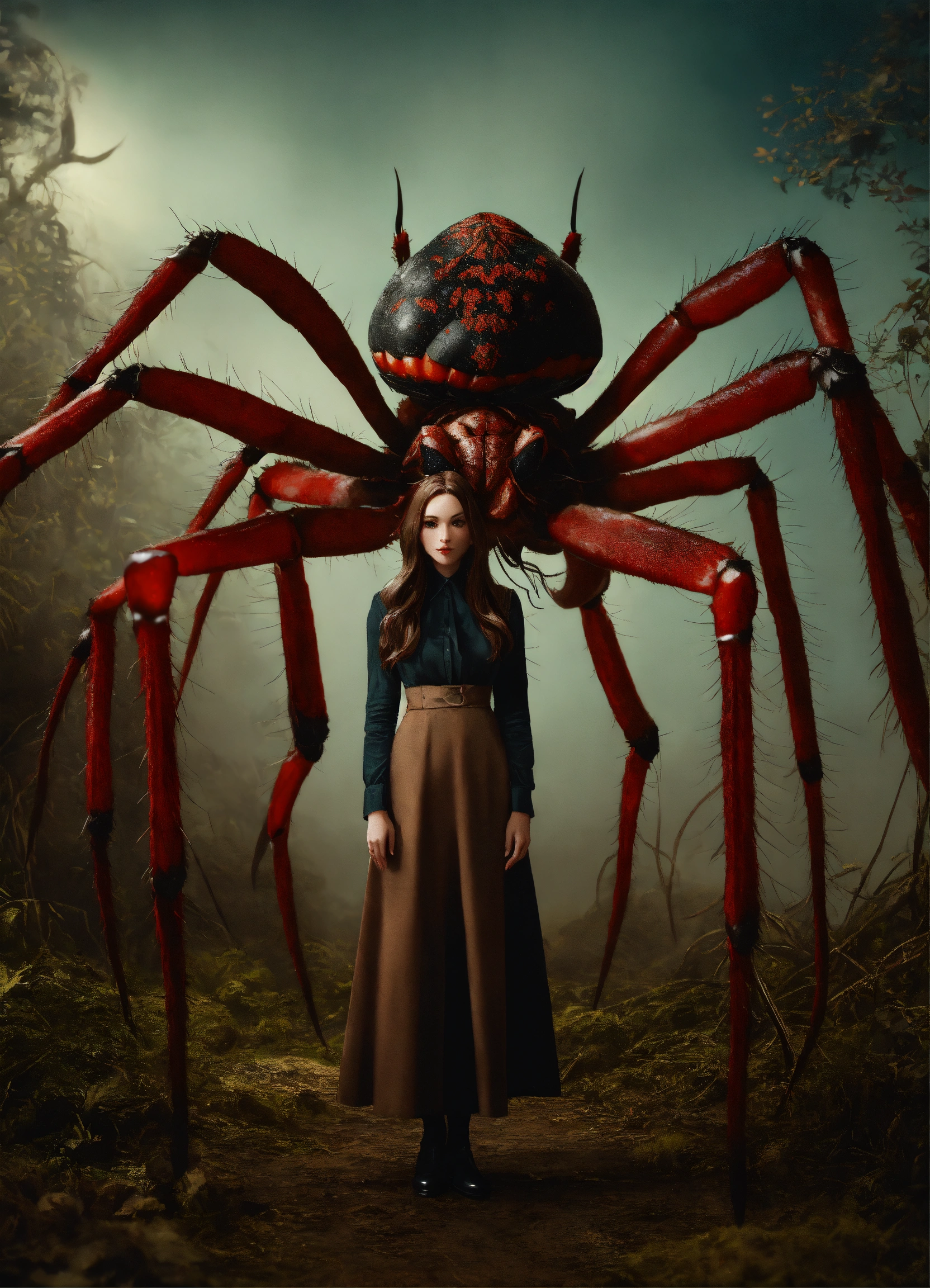 Lexica - A woman with long brown hair standing next to a giant redback ...