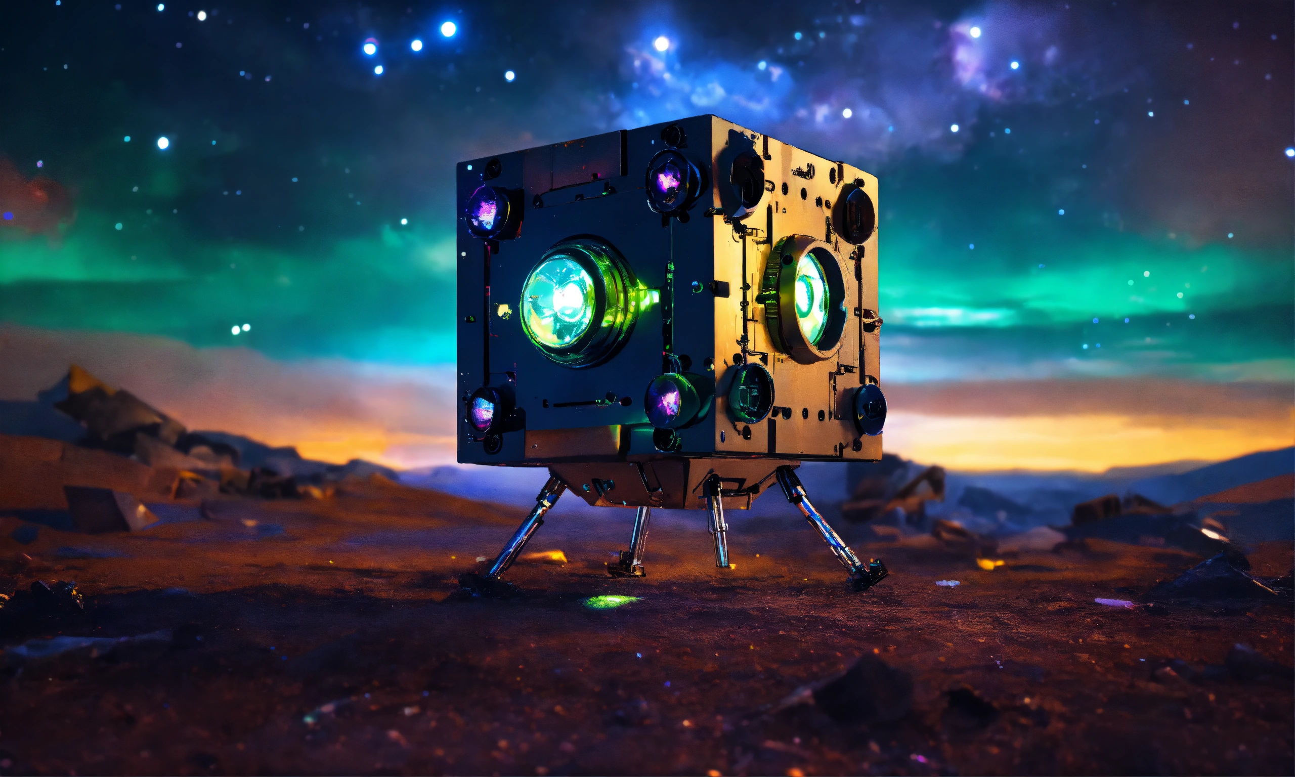 Lexica - Small floating polished steel cube bot with 2 round lights on ...