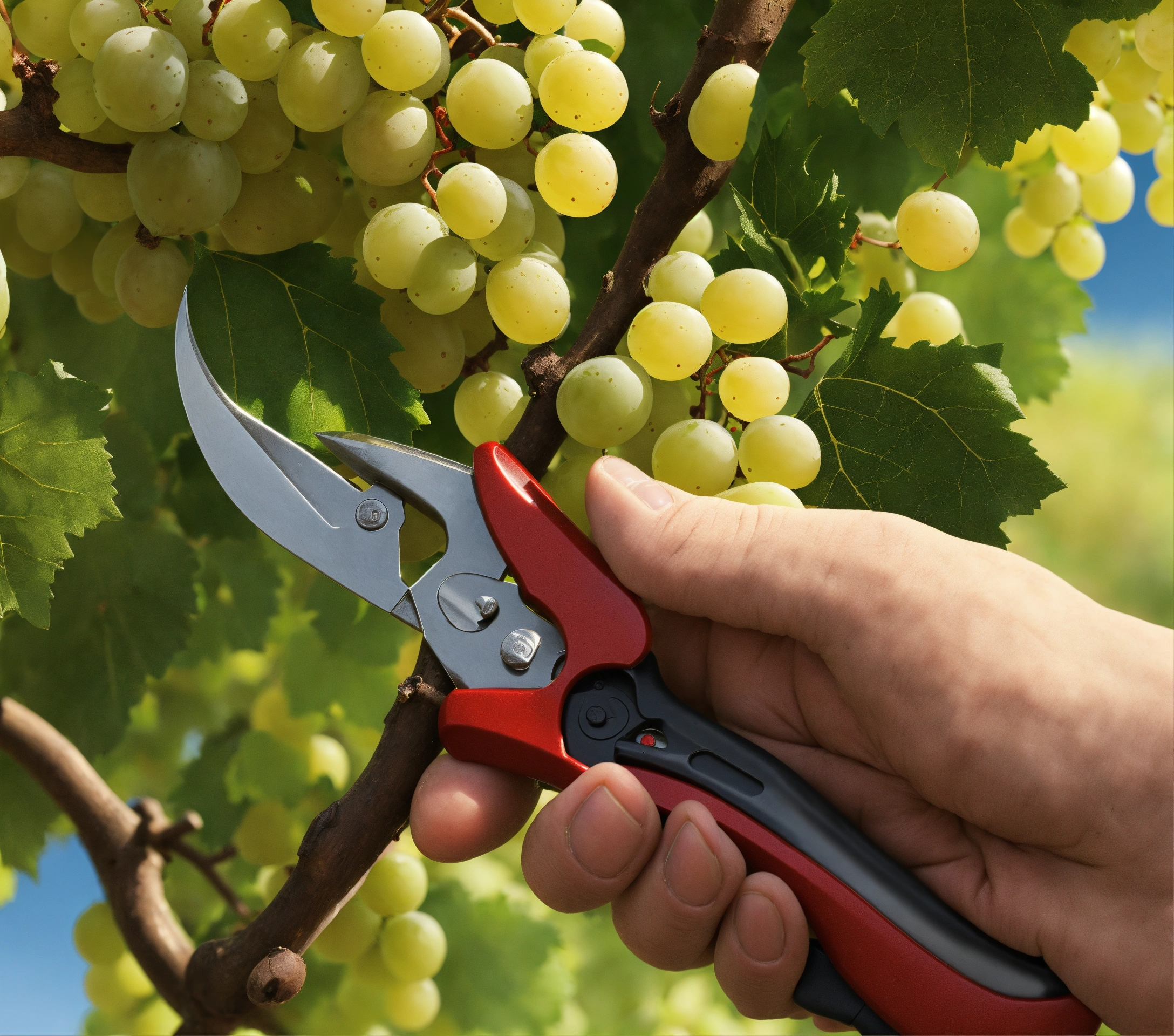 Lexica - A hand and secateurs, pruning a grape vine, detailed, sharp ...
