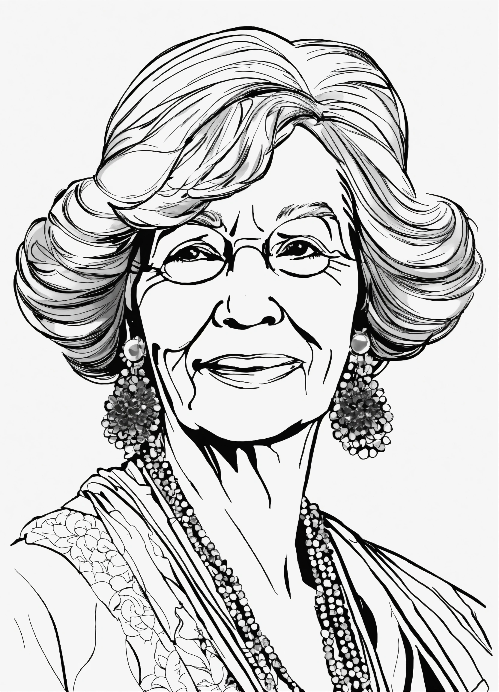 Lexica - Black and white bold line drawing, grandmother, glamorous ...
