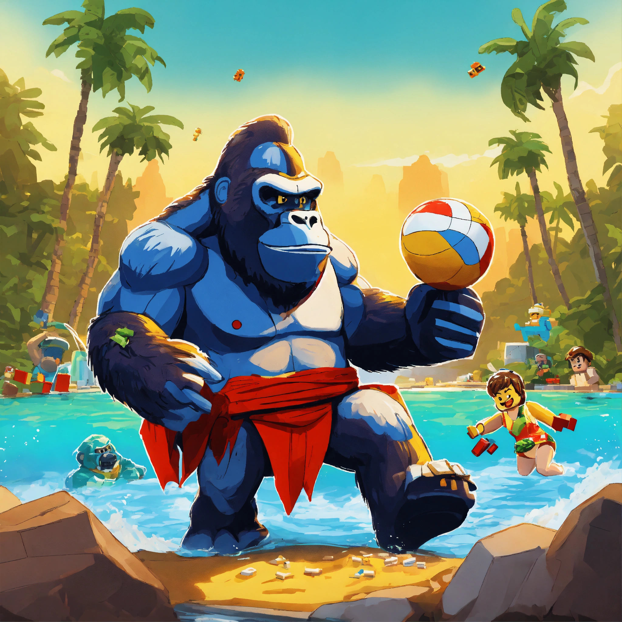 Lexica - King Kong in Swimming costumes playing lego in cartoon style