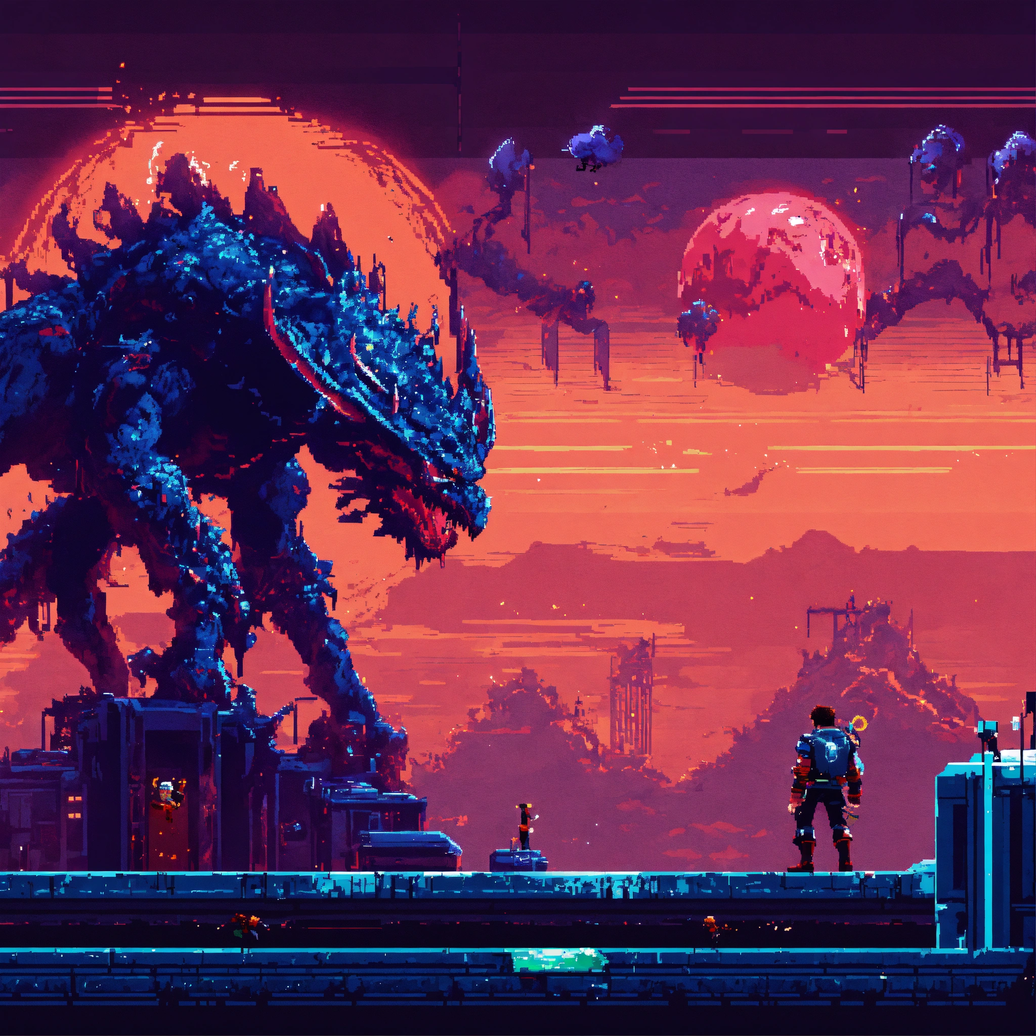 Lexica - Futuristic pixel art with a guy looking at a final boss monster