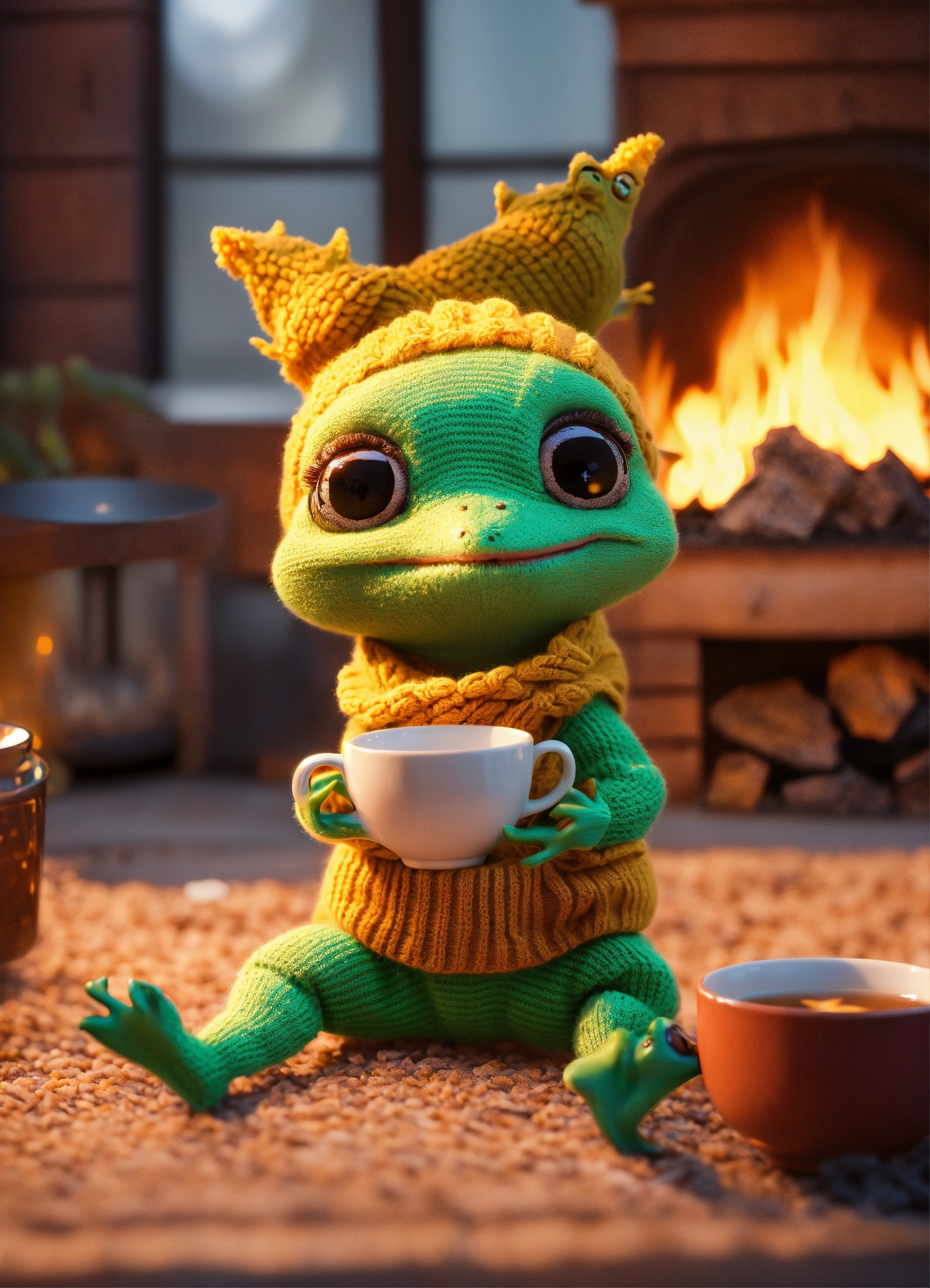 Lexica - Three female tiny Froggy the Gremlin sipping tea wearing a cozy knit sweater by the ...