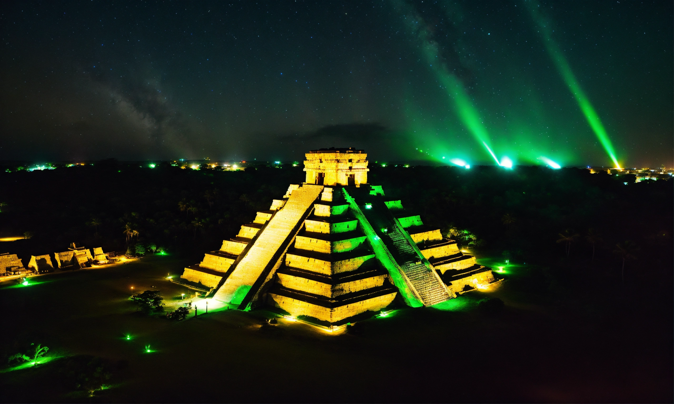 Lexica - Aerial view of three Mayan pyramids emitting a beam of green ...