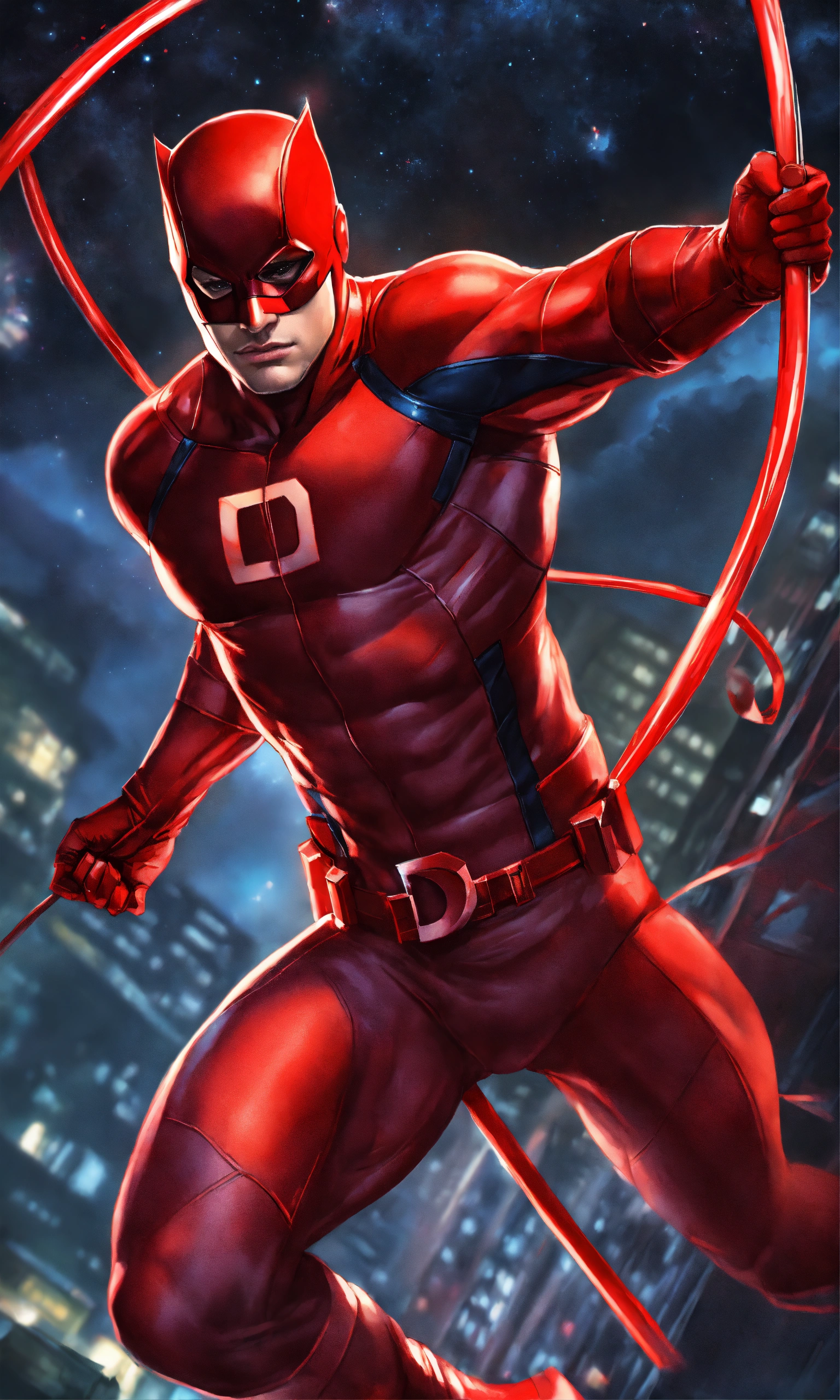 Lexica - Daredevil, flying through night sky, holding red sticks ...